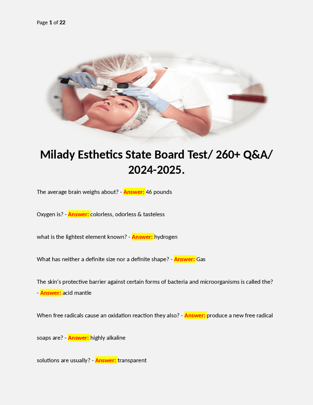 Milady Esthetics State Board Test/ 260+ Q&A/ 2024-2025. | Exams ...