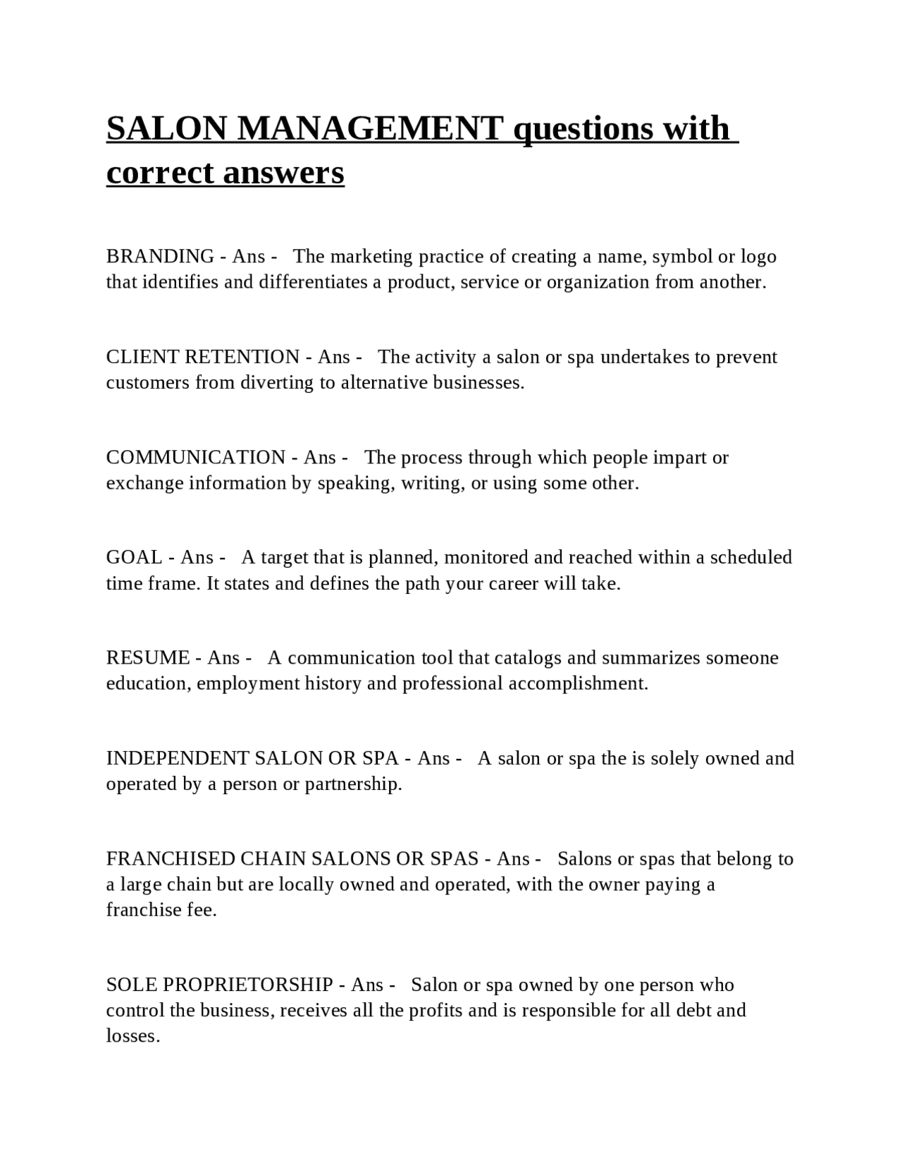 SALON MANAGEMENT questions with correct answers | Exams Nursing | Docsity