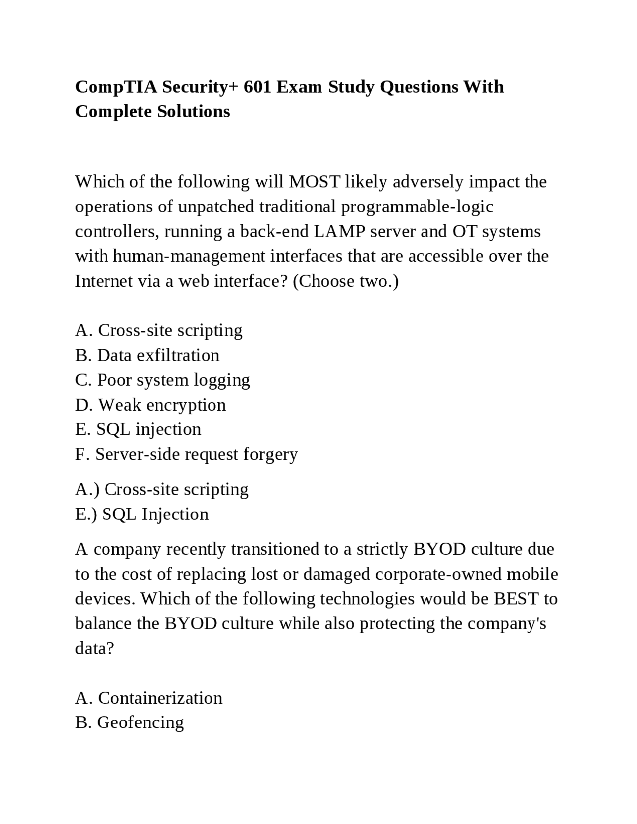 CompTIA Security+ 601 Exam Study Questions With Complete Solutions | Exams Computer Security ...