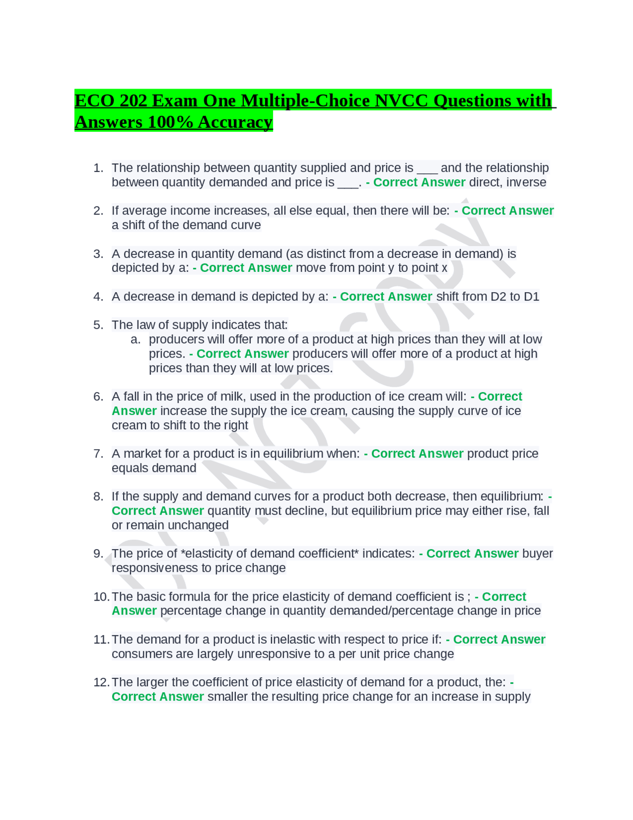 ECO 202 Exam One Multiple-Choice NVCC Questions with Answers 100% ...