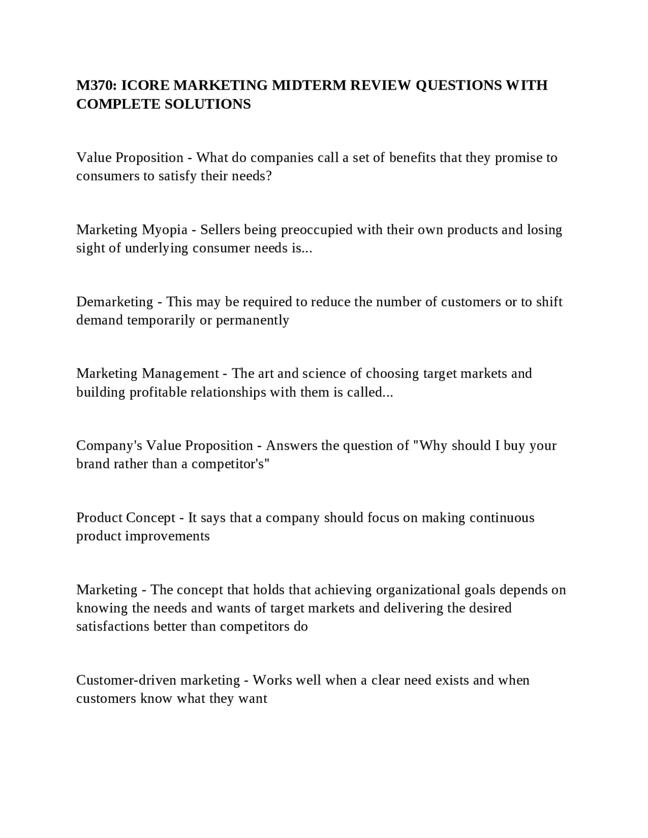 M370: ICORE MARKETING MIDTERM REVIEW QUESTIONS WITH COMPLETE SOLUTIONS | Exams Marketing | Docsity