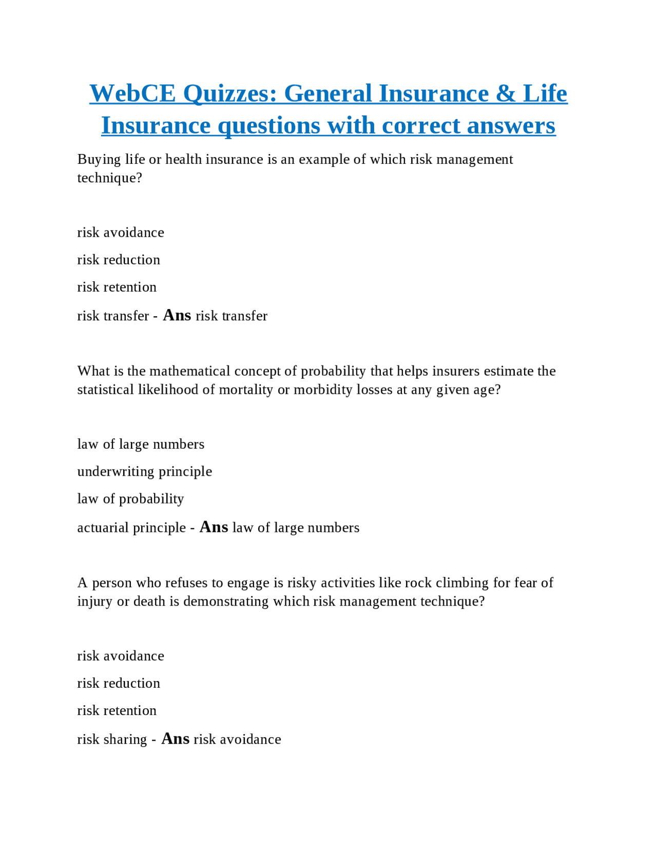 WebCE Quizzes: General Insurance & Life Insurance questions with ...