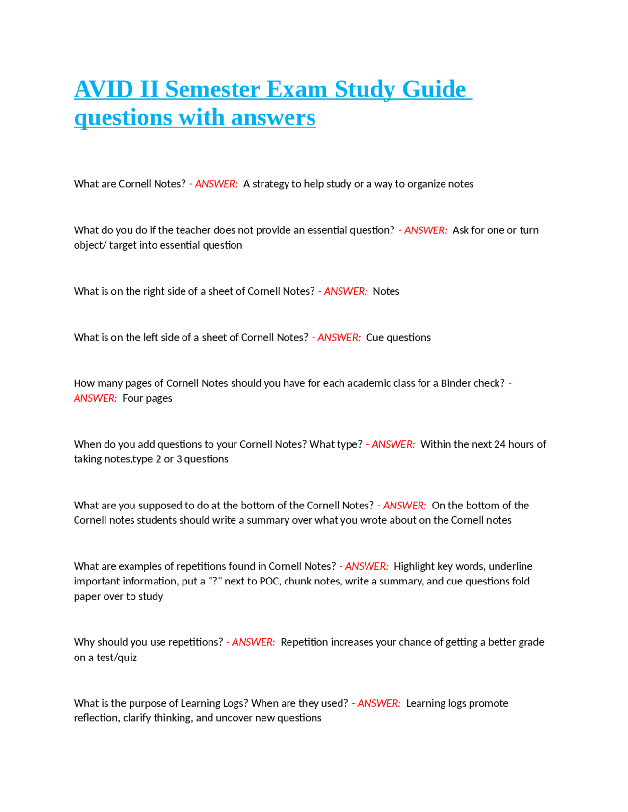 AVID II Semester Exam Study Guide questions with answers | Exams Media ...
