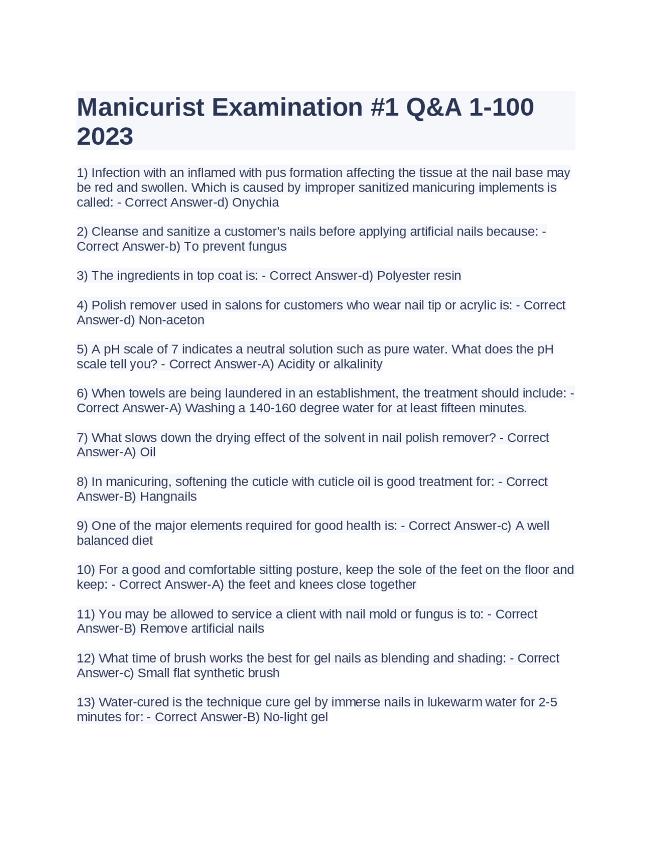 Manicurist Examination #1 Q&A 1-100 2023 | Exams Advanced Education ...