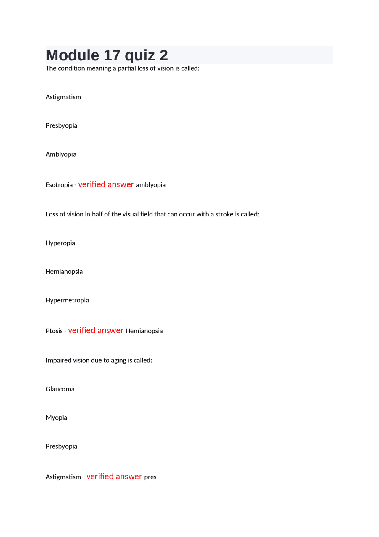 Module 17 quiz 2, questions and answers | Exams Medicine | Docsity