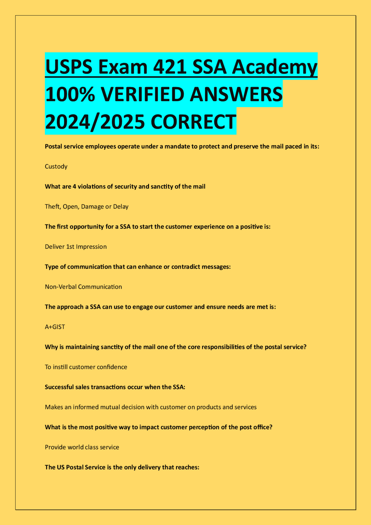 USPS Exam 421 SSA Academy 100% VERIFIED ANSWERS 2024/2025 CORRECT ...