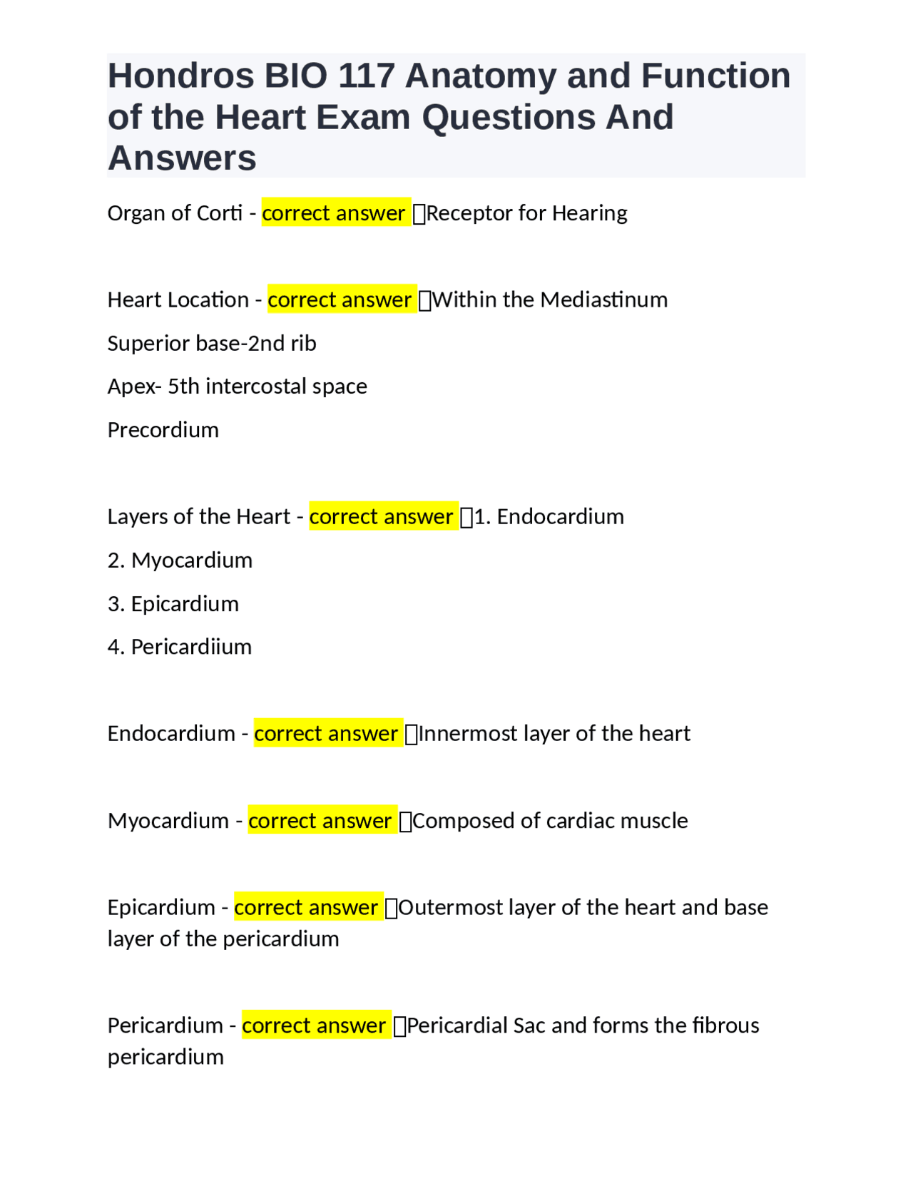 Hondros BIO 117 Anatomy and Function of the Heart Exam Questions And ...