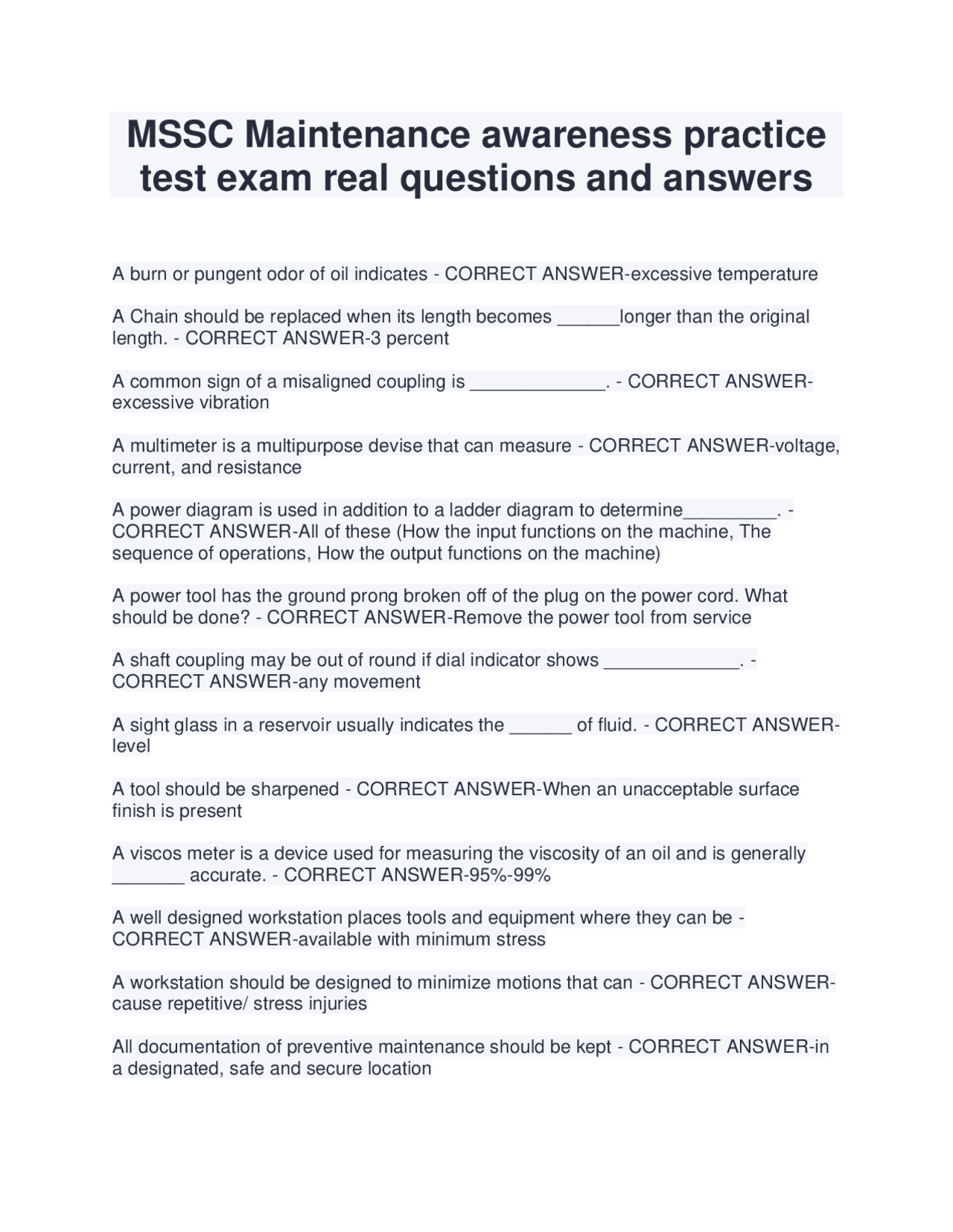 MSSC Maintenance awareness practice test exam real questions and ...