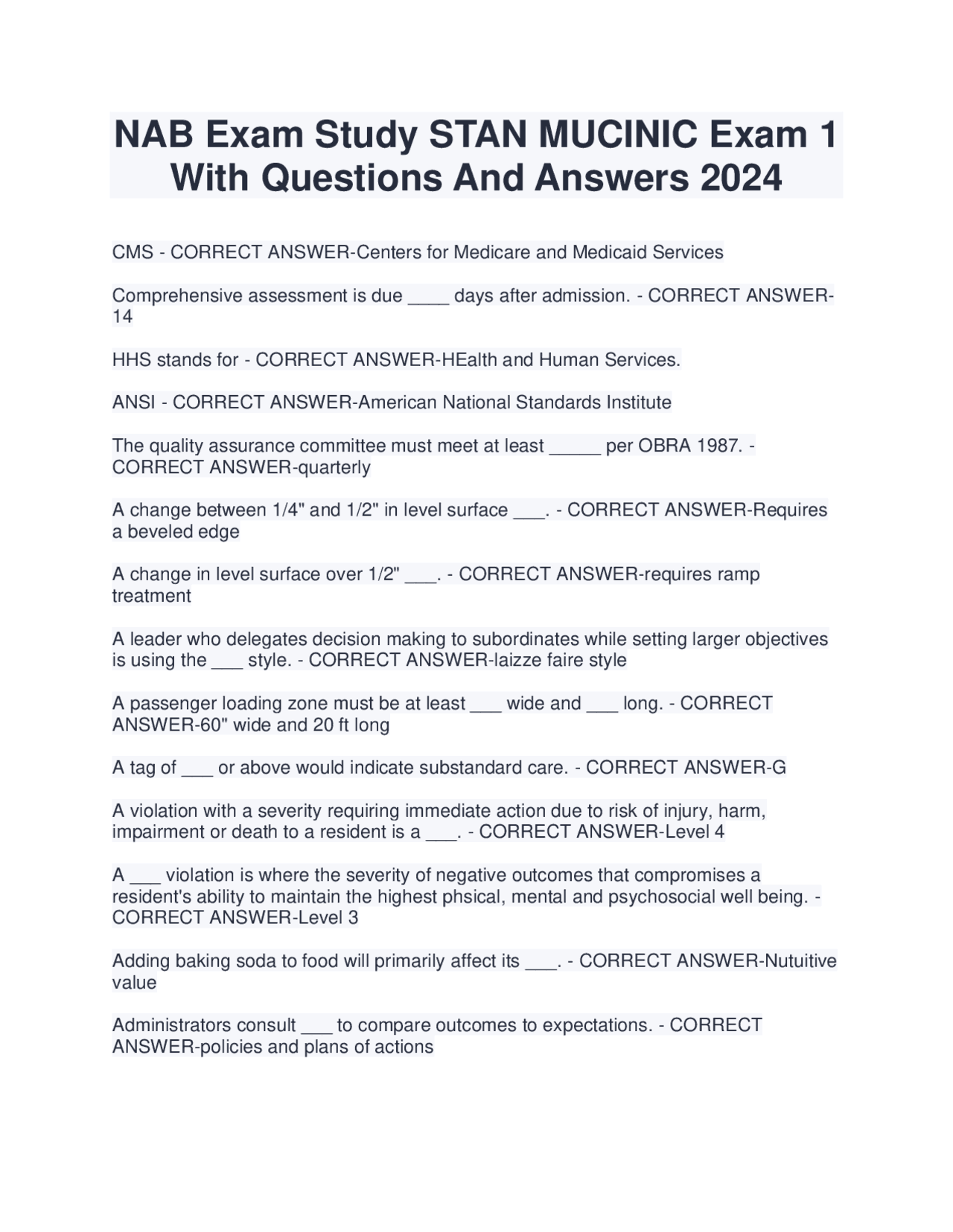 NAB Exam Study STAN MUCINIC Exam 1 With Questions And Answers 2024 ...