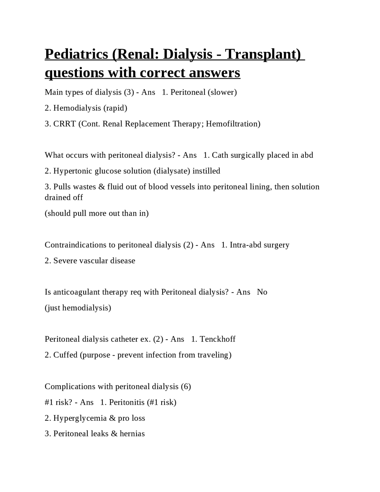 Pediatrics (Renal: Dialysis - Transplant) questions with correct ...