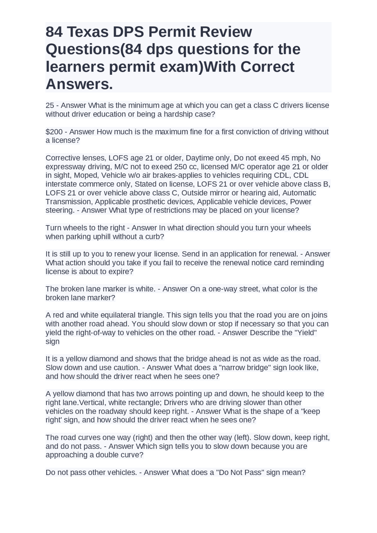 84 Texas DPS Permit Review Questions(84 dps questions for the learners ...