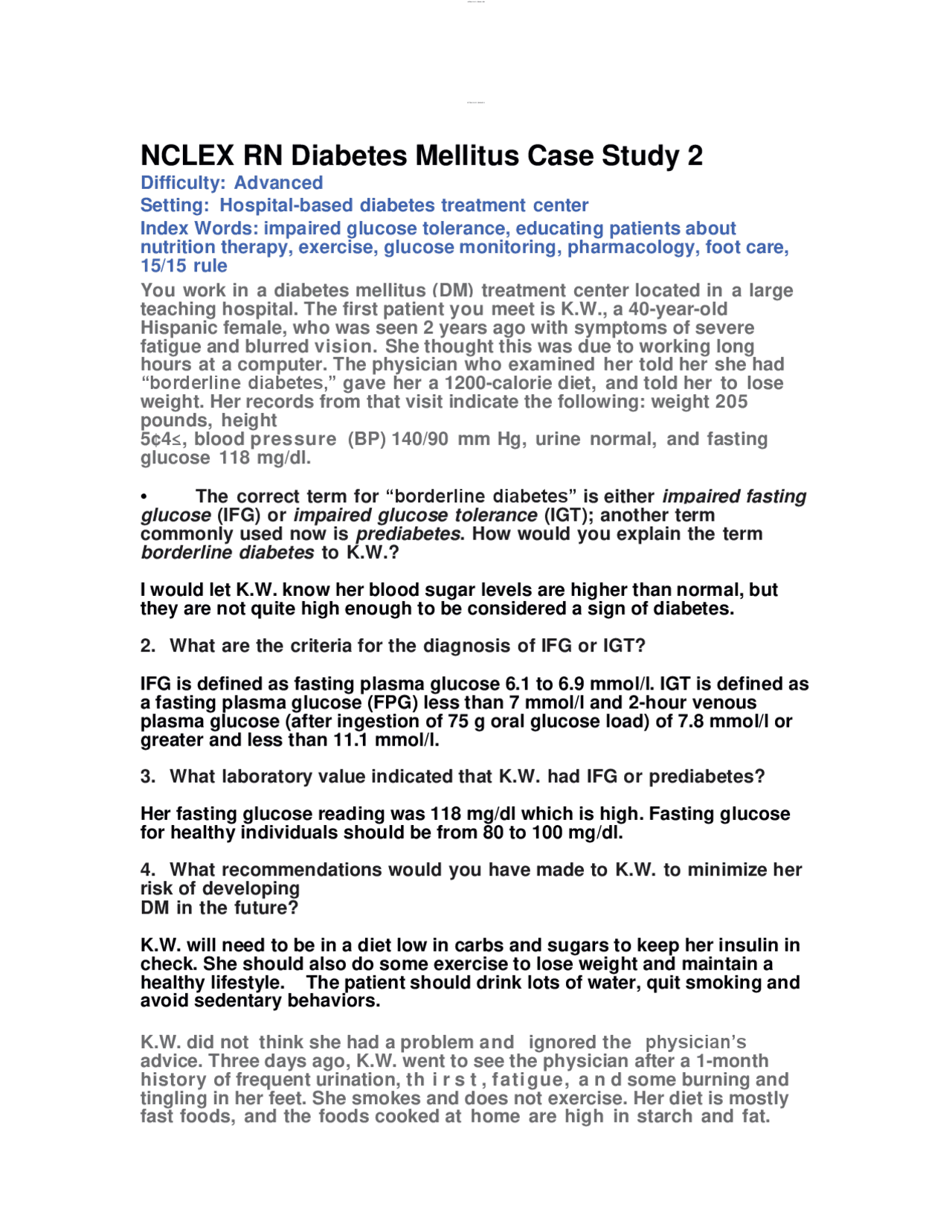 NCLEX RN Diabetes Mellitus Case Study 2 | Exams Nursing | Docsity