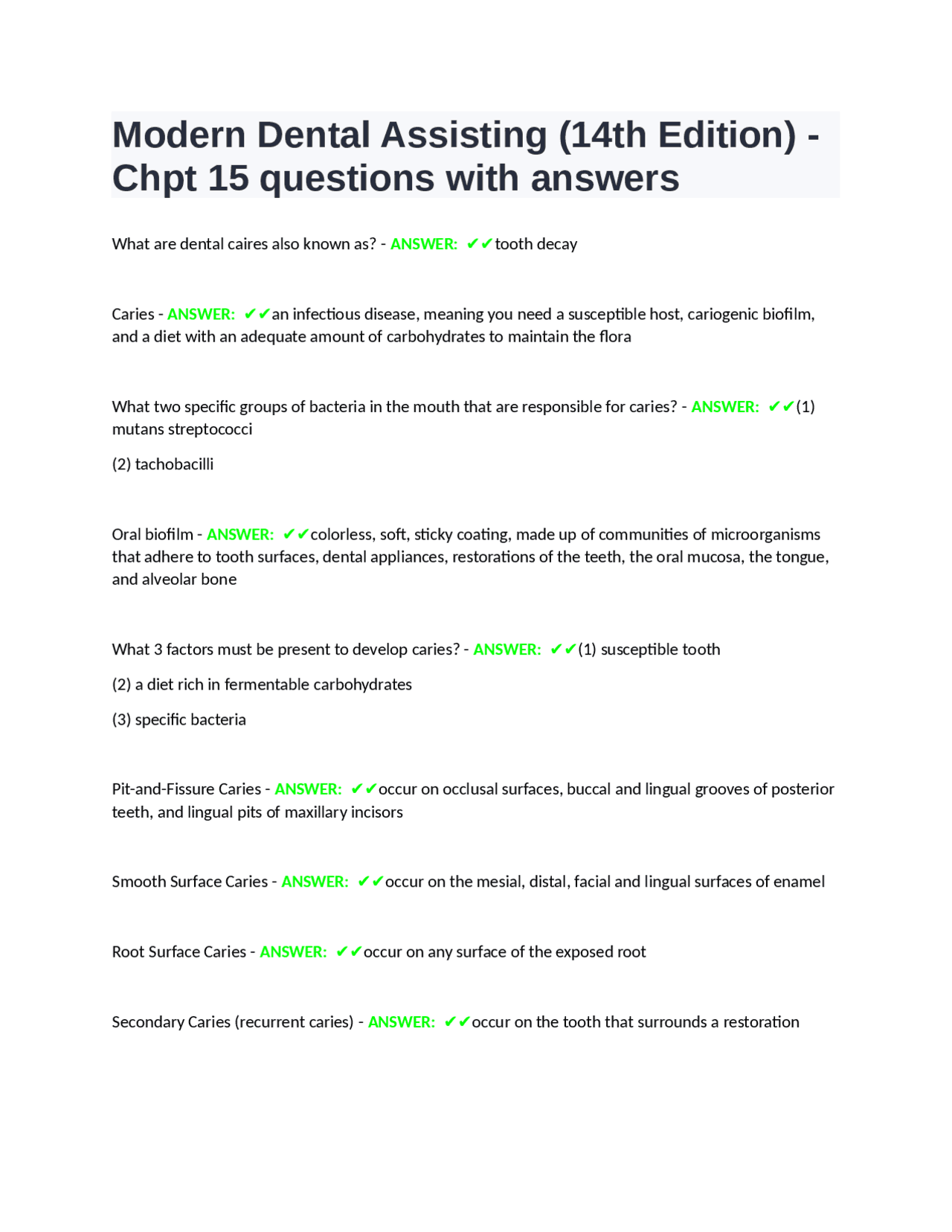 Modern Dental Assisting (14th Edition) - Chpt 15 questions with answers | Exams Dentistry | Docsity