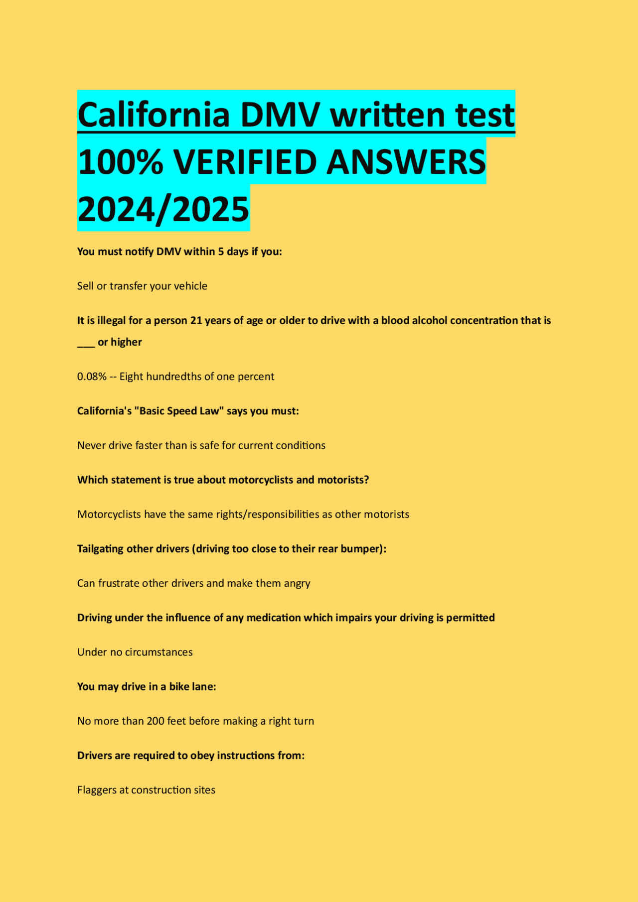 California DMV written test 100% VERIFIED ANSWERS 2024/2025 | Exams ...