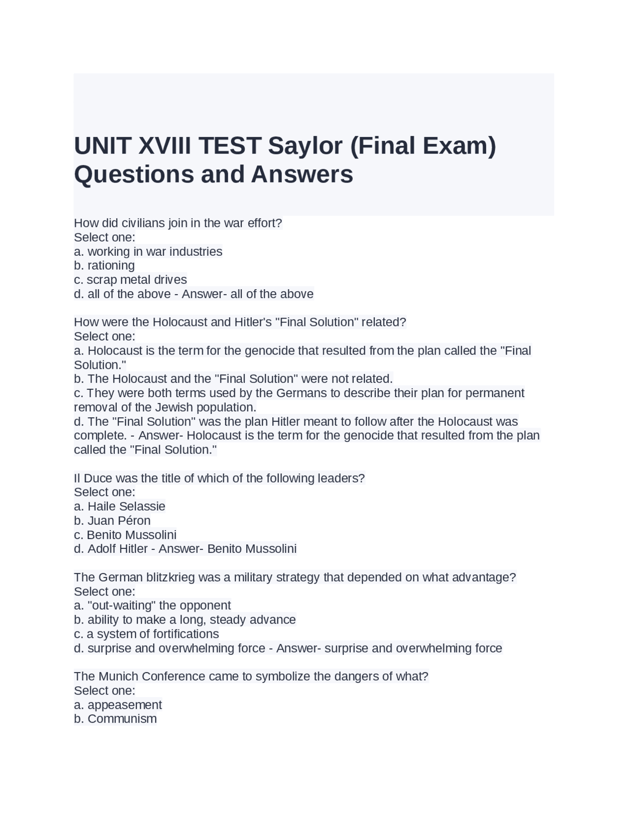 UNIT XVIII TEST Saylor (Final Exam) Questions and Answer | Exams ...