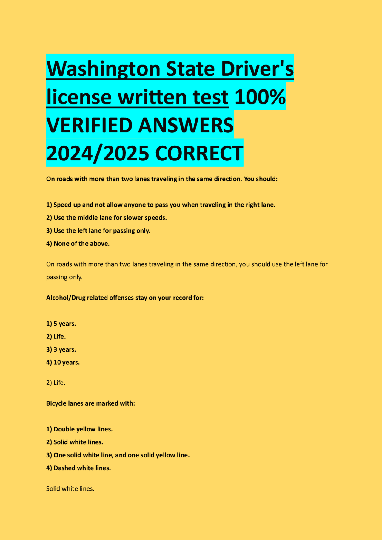 Washington State Driver's license written test 100% VERIFIED ANSWERS ...