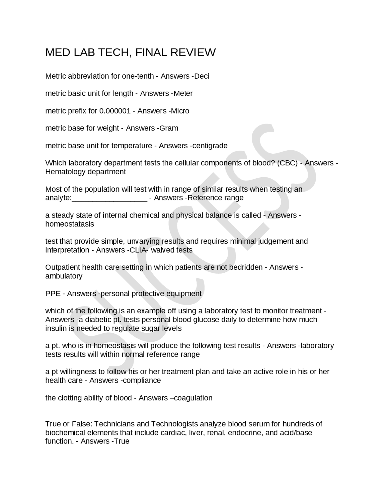 MED LAB TECH, FINAL REVIEW | Exams Nursing | Docsity