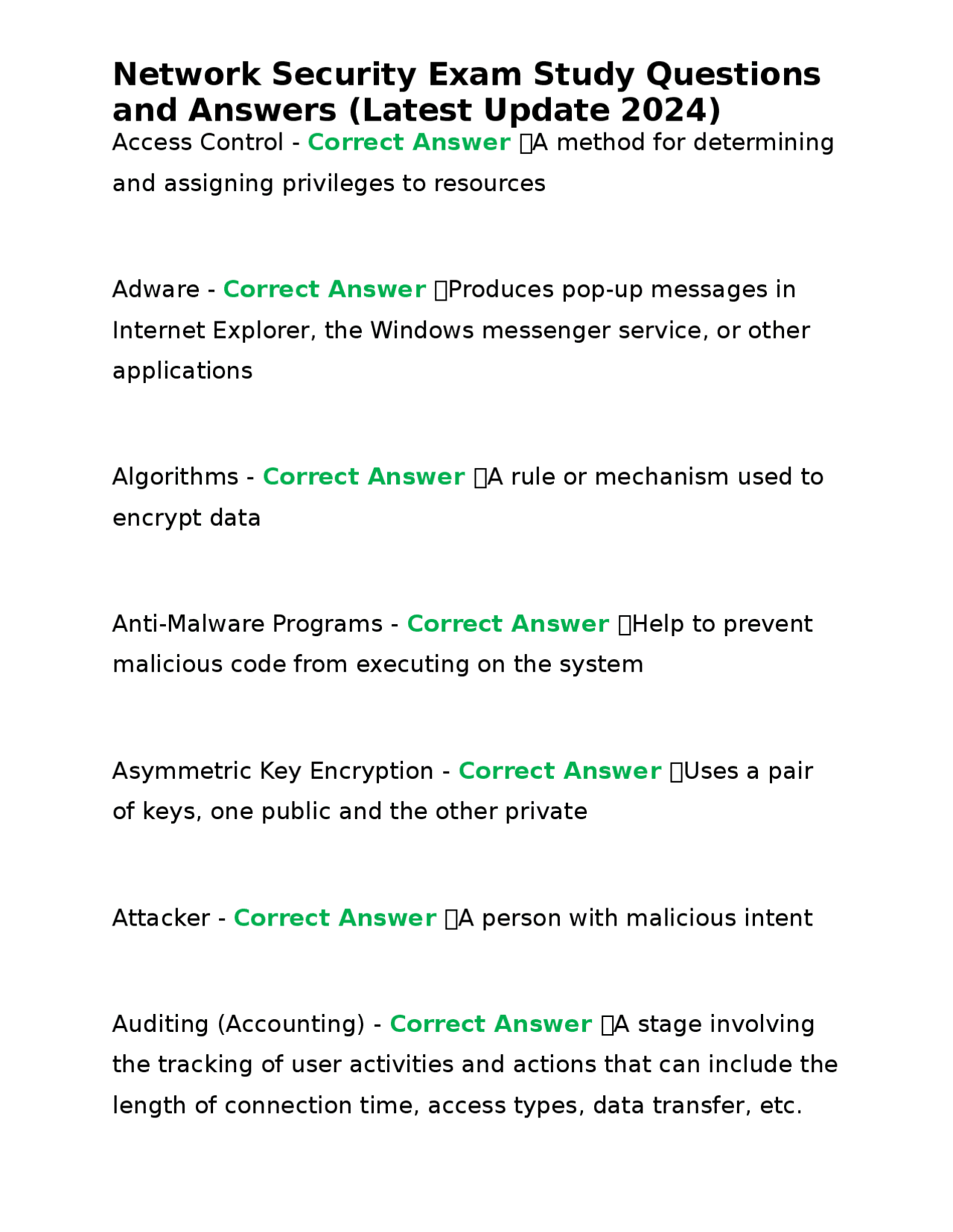 Network Security Exam Study Questions and Answers (Latest Update 2024 ...