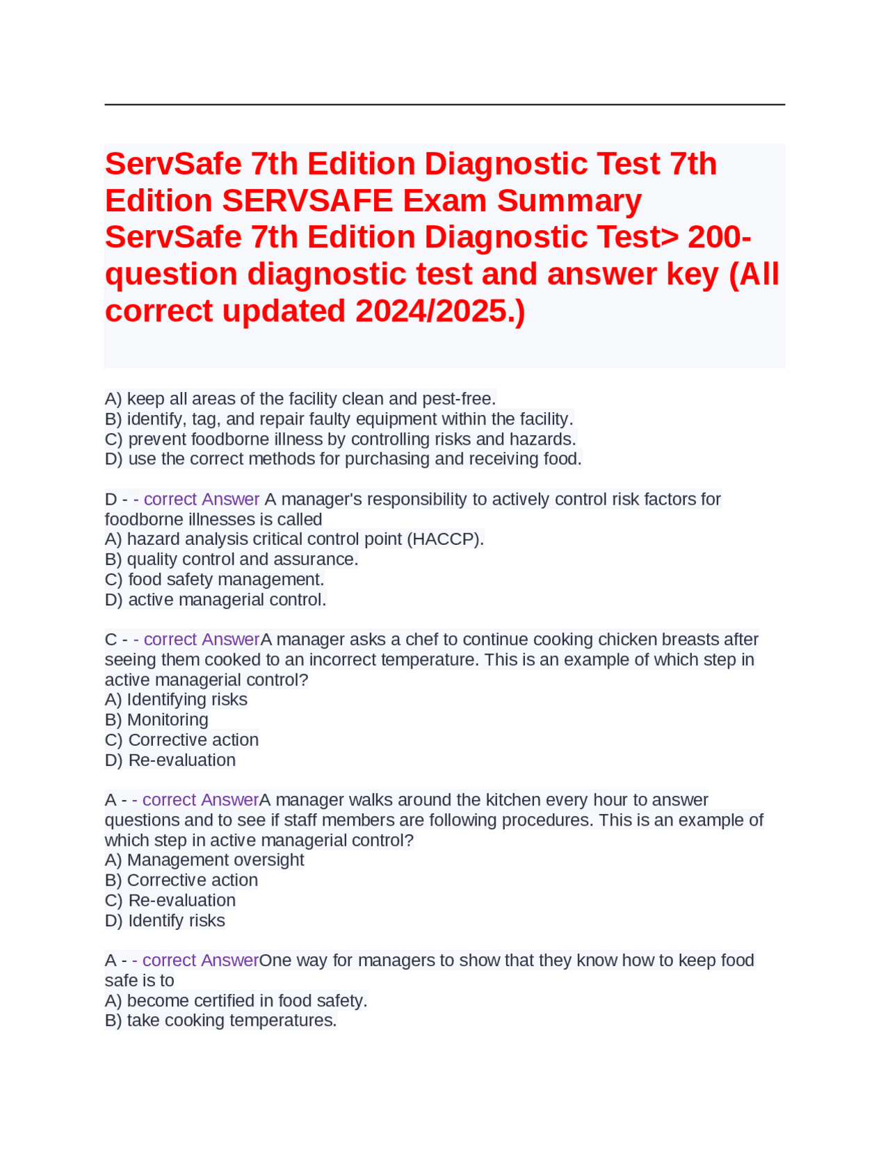 ServSafe 7th Edition Diagnostic Test 7th Edition SERVSAFE Exam Summary ...