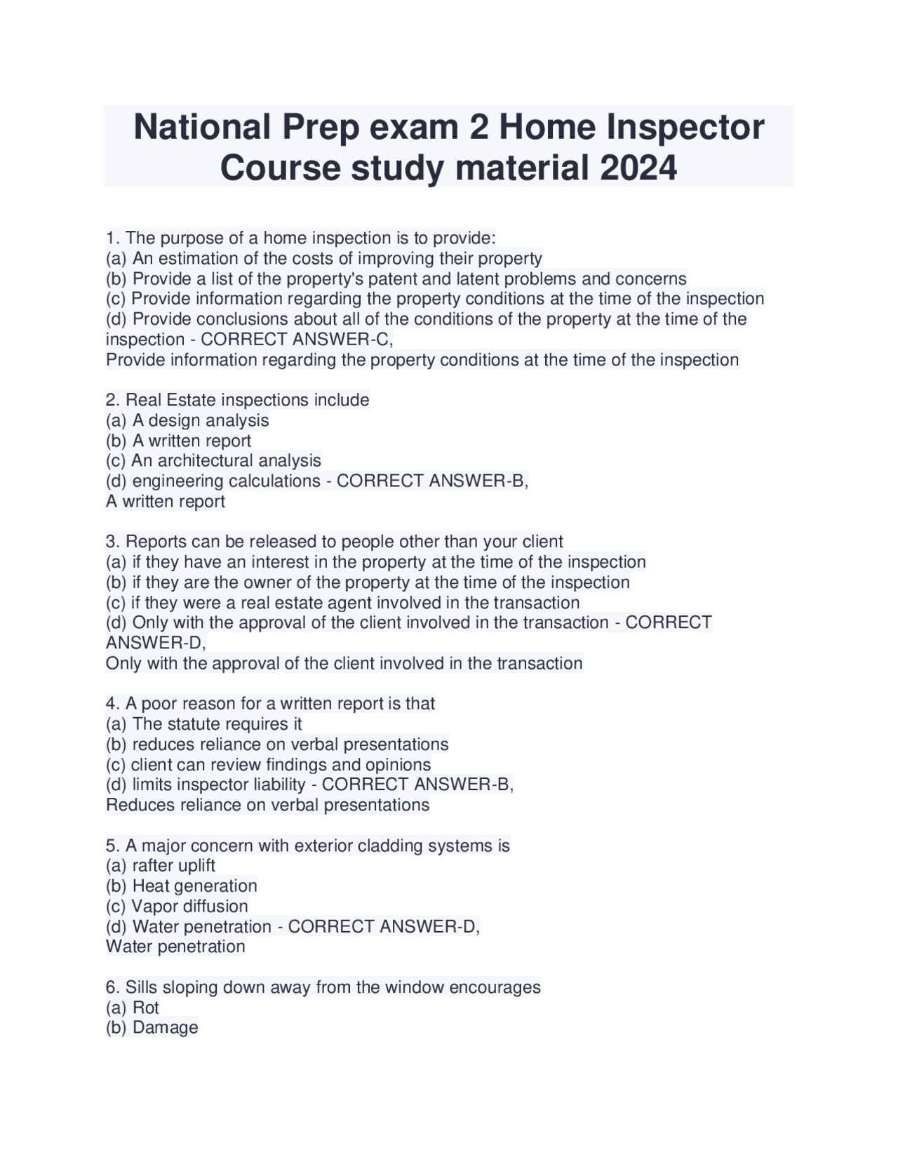 National Prep exam 2 Home Inspector Course study material 2024 | Exams ...