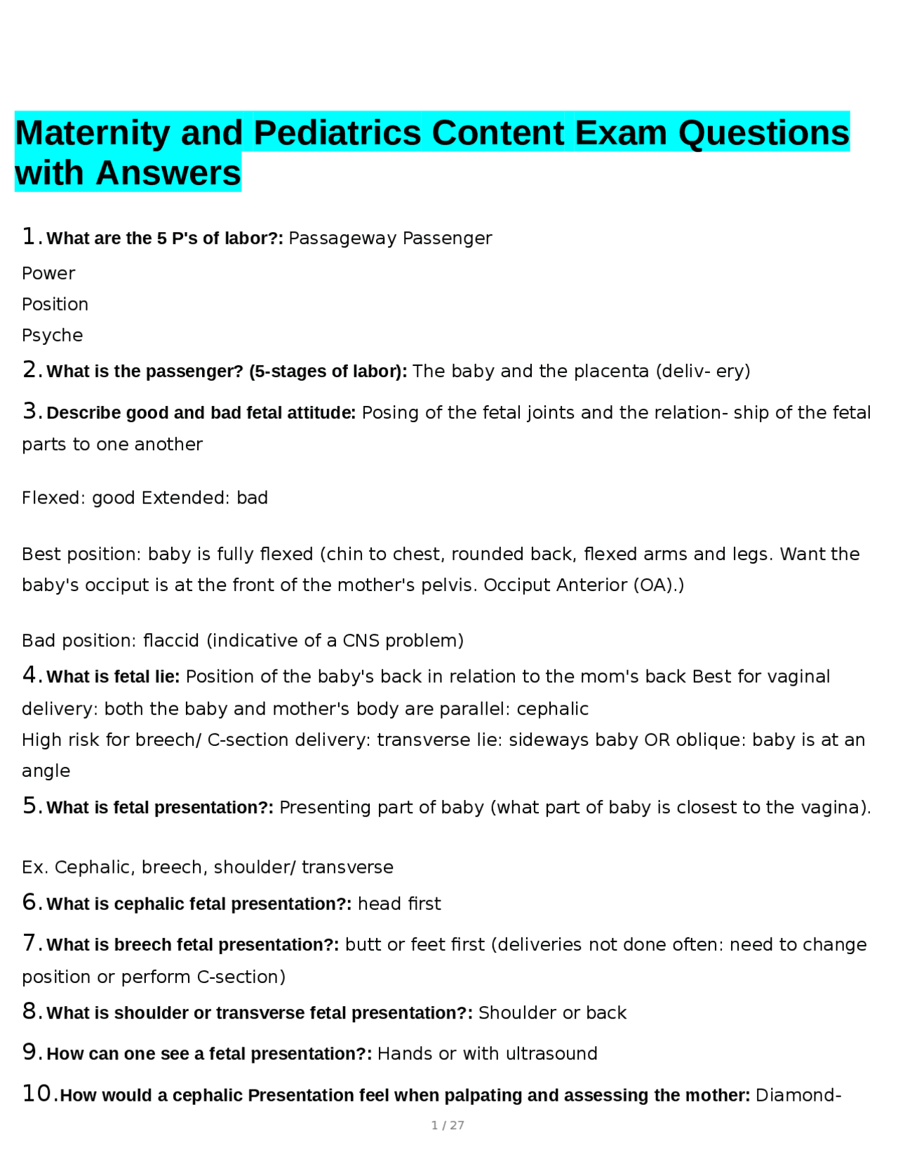 Maternity and Pediatrics Content Exam Questions with Answers | Exams ...