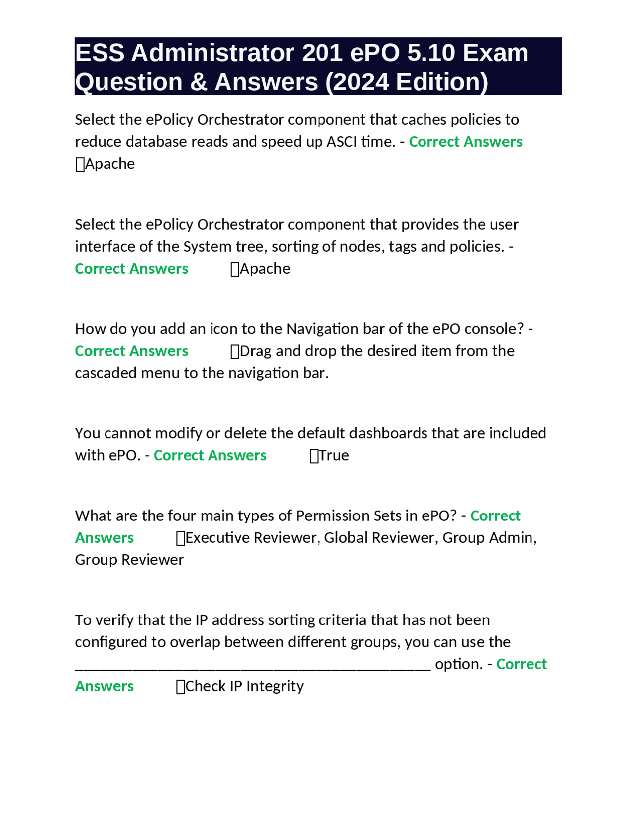 ESS Administrator 201 ePO 5.10 Exam Question & Answers (2024 Edition ...