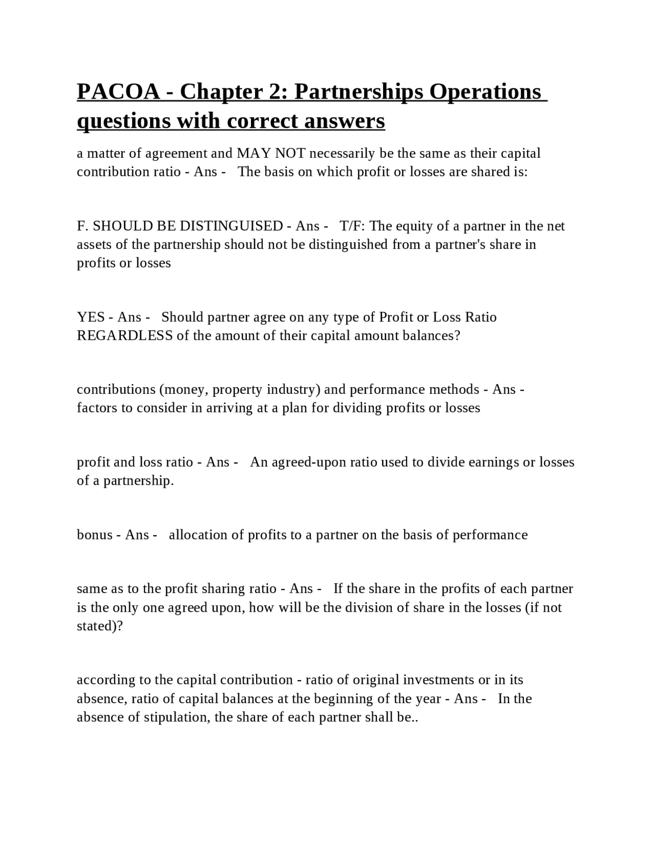 PACOA - Chapter 2: Partnerships Operations questions with correct ...