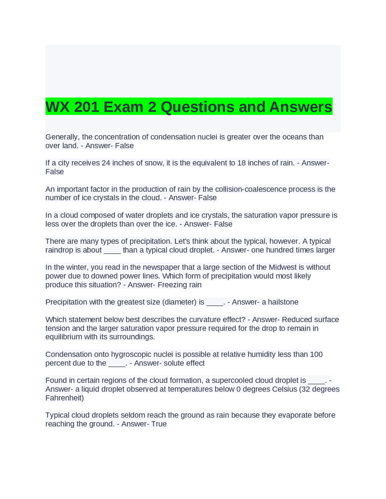 WX 201 Exam 2 Questions and Answers | Exams Advanced Education | Docsity