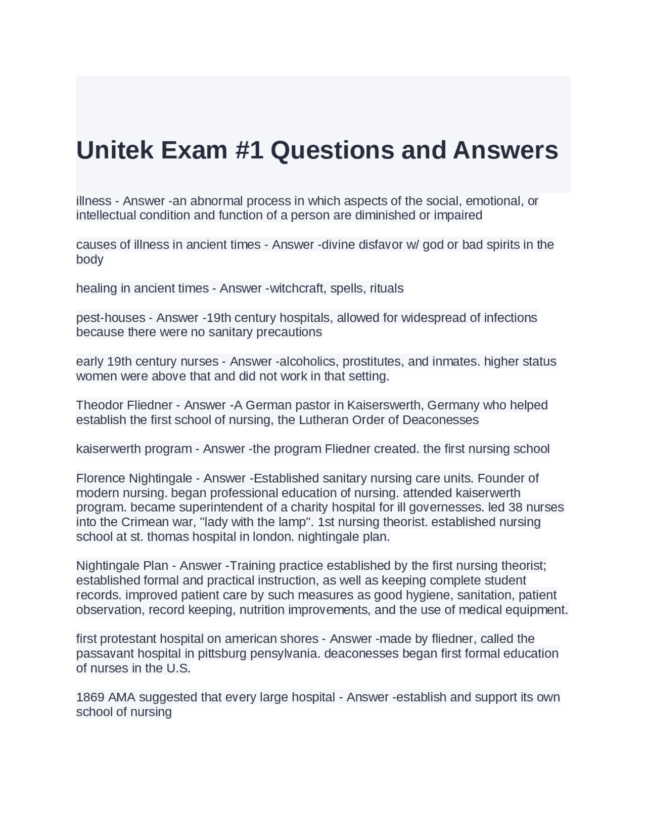 Unitek Exam #1 Questions and Answers | Exams Nursing | Docsity