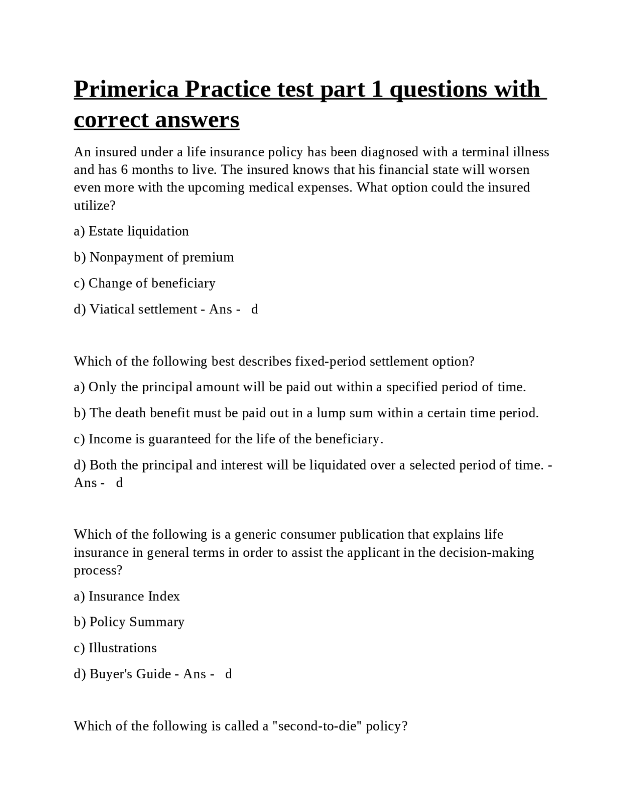 Primerica Practice test part 1 questions with correct answers | Exams ...