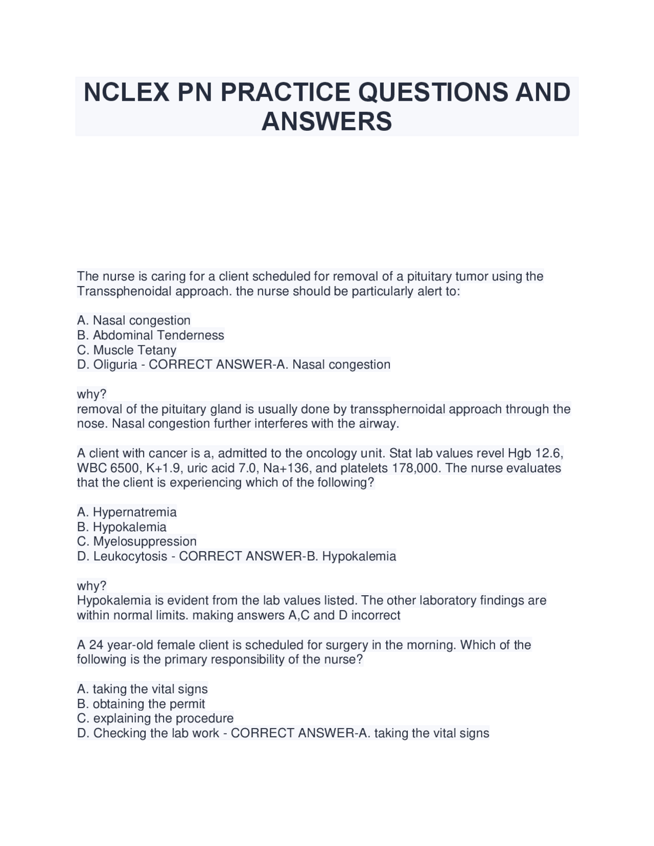 NCLEX PN PRACTICE QUESTIONS AND ANSWERS | Exams Nursing | Docsity