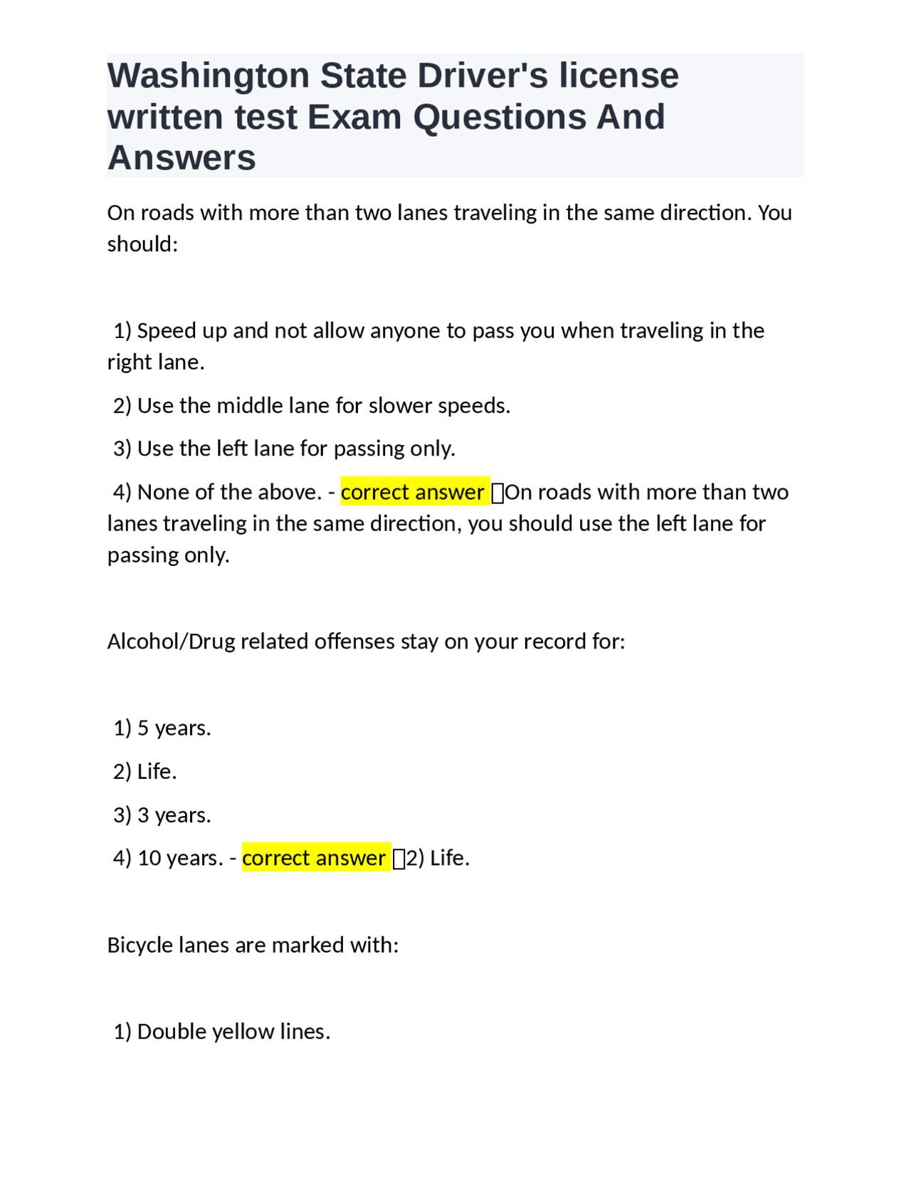 Washington State Driver's license written test Exam Questions And ...