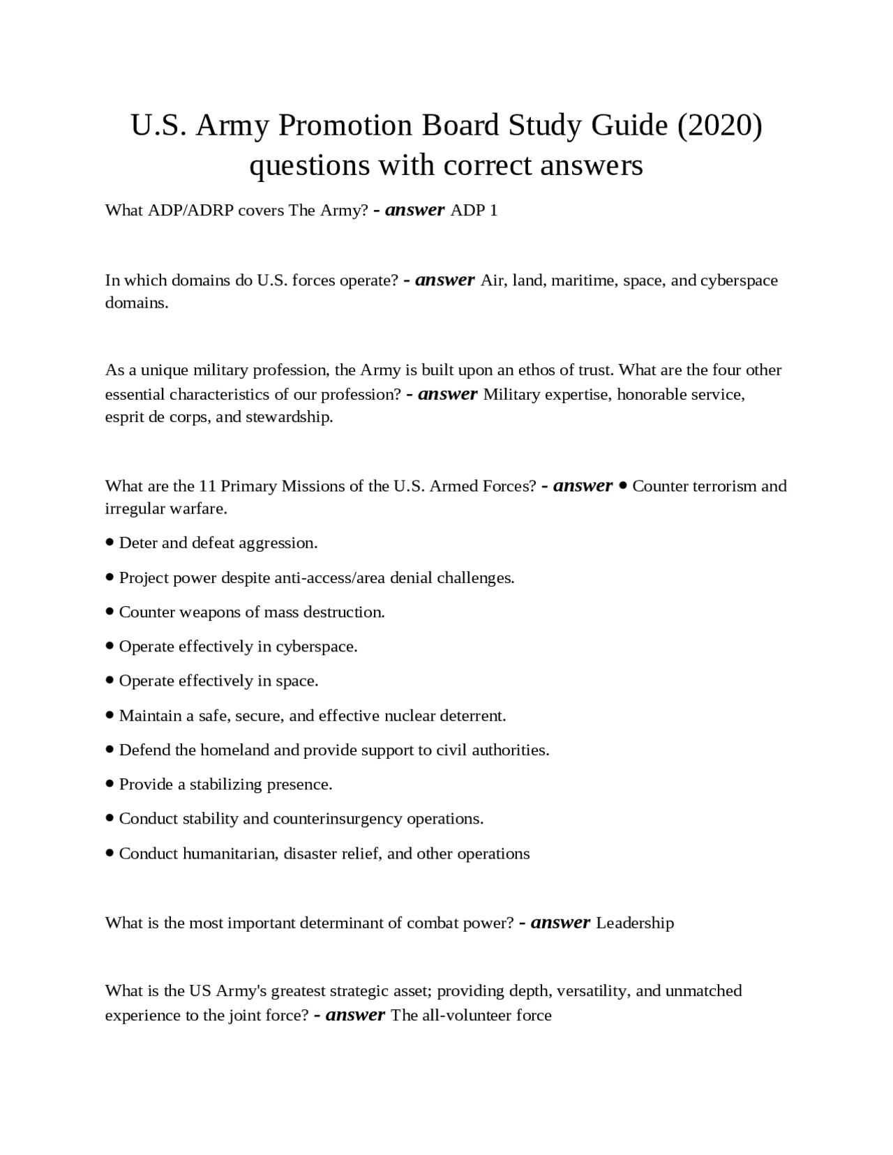 U.S. Army Promotion Board Study Guide (2020) questions with correct ...