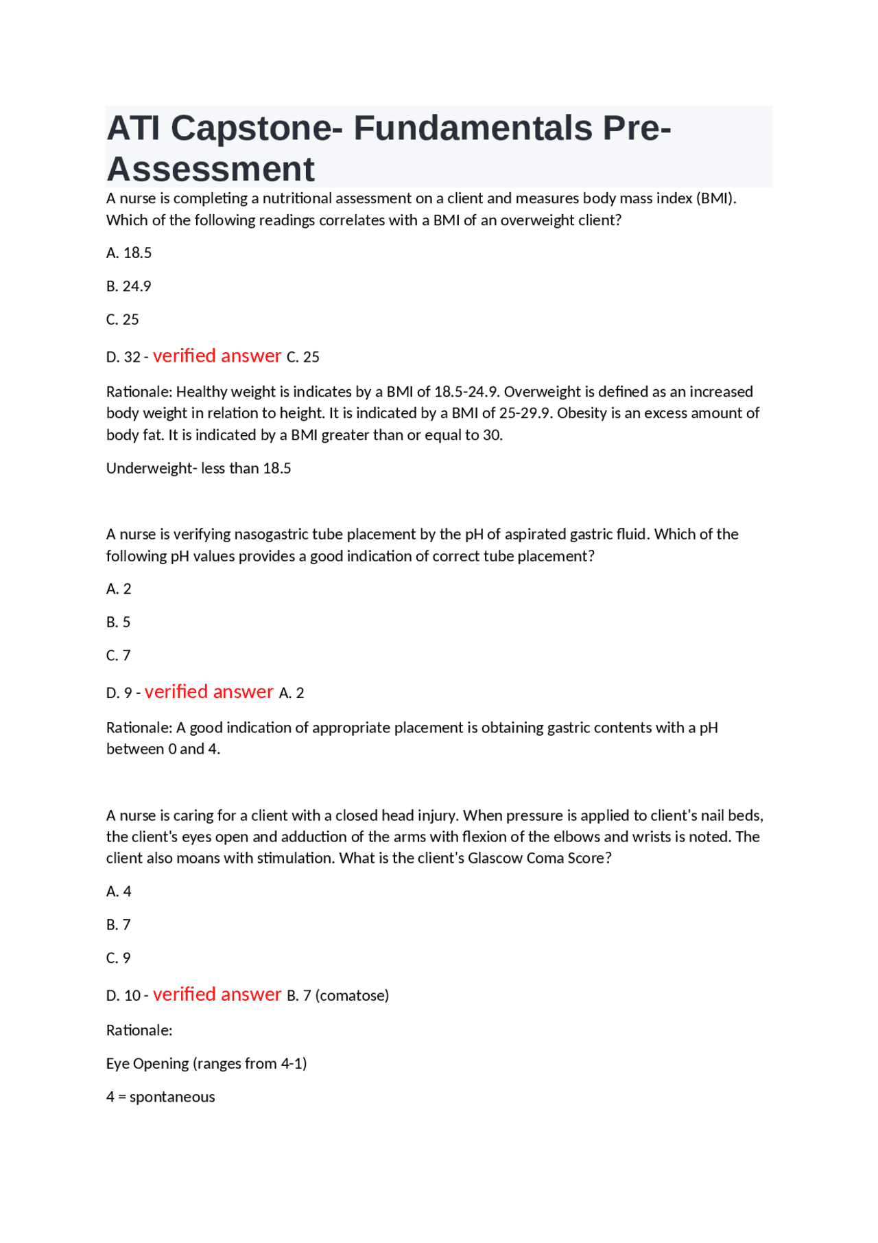 ATI Capstone- Fundamentals Pre-Assessment | Exams Nursing | Docsity