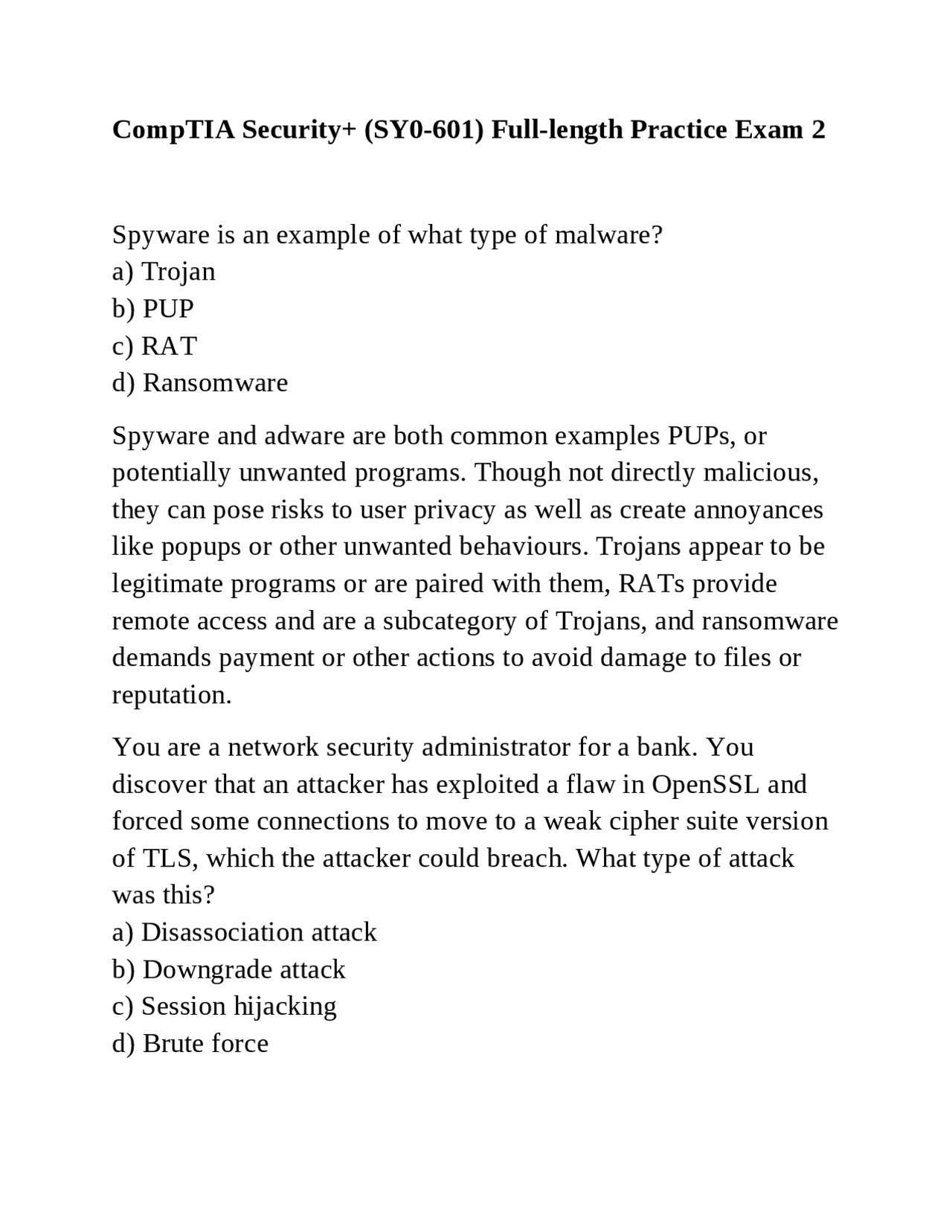CompTIA Security+ (SY0-601) Full-length Practice Exam 2 Questions With Complete Solutions ...