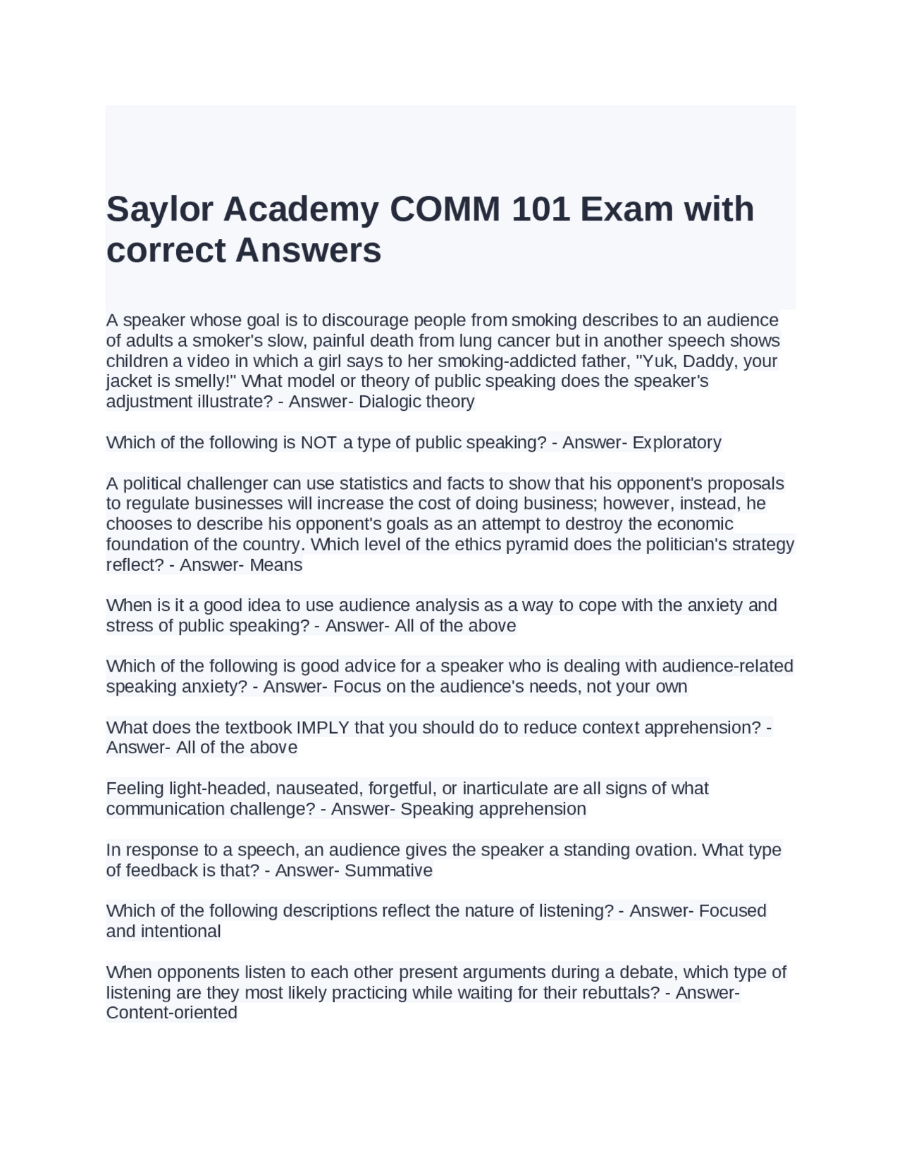Saylor Academy COMM 101 Exam with correct Answers | Exams Nursing | Docsity