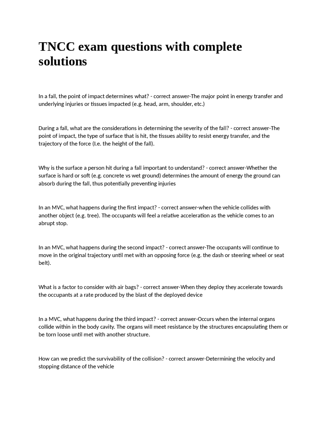 TNCC exam questions with complete solutions. | Exams Nursing | Docsity
