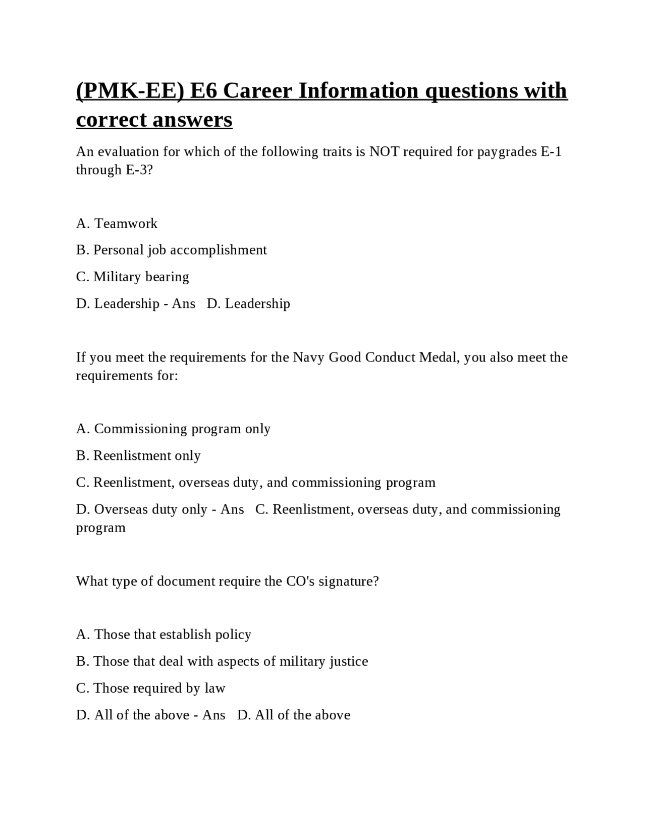 (PMK-EE) E6 Career Information questions with correct answers | Exams Nursing | Docsity