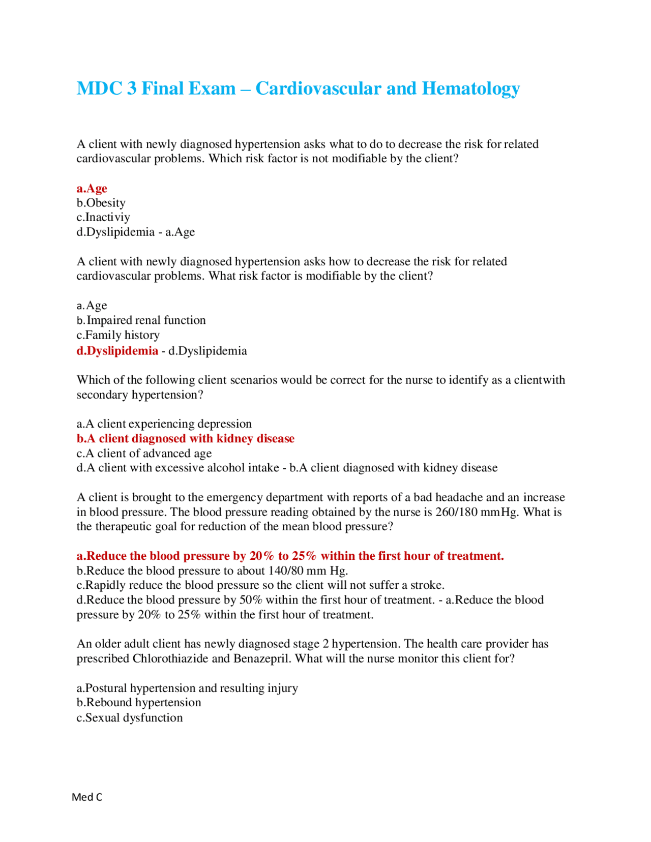 MDC 3 Final Exam – Cardiovascular and Hematology | Exams Nursing | Docsity