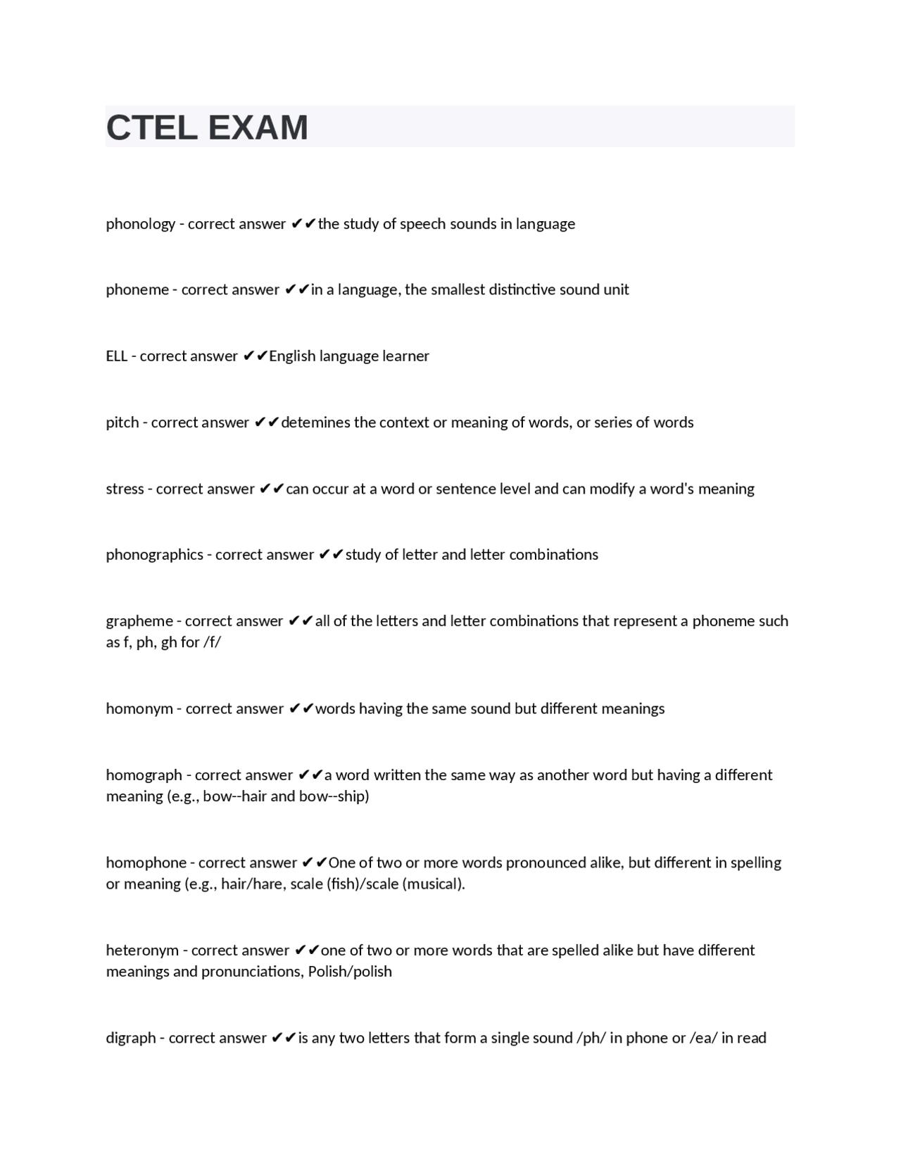 CTEL EXAM(questions well answered) | Exams Nursing | Docsity