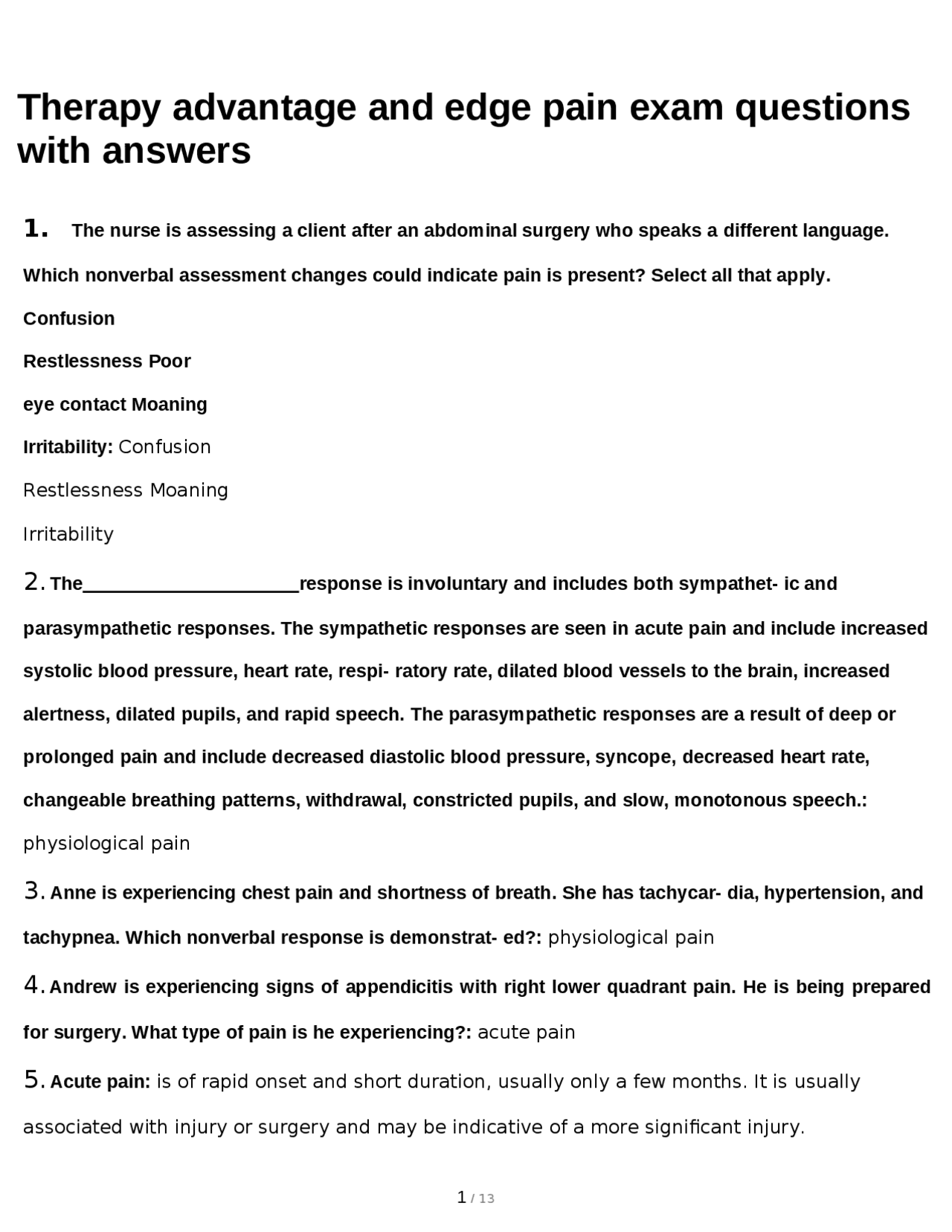 Therapy advantage and edge pain exam questions with answers | Exams ...