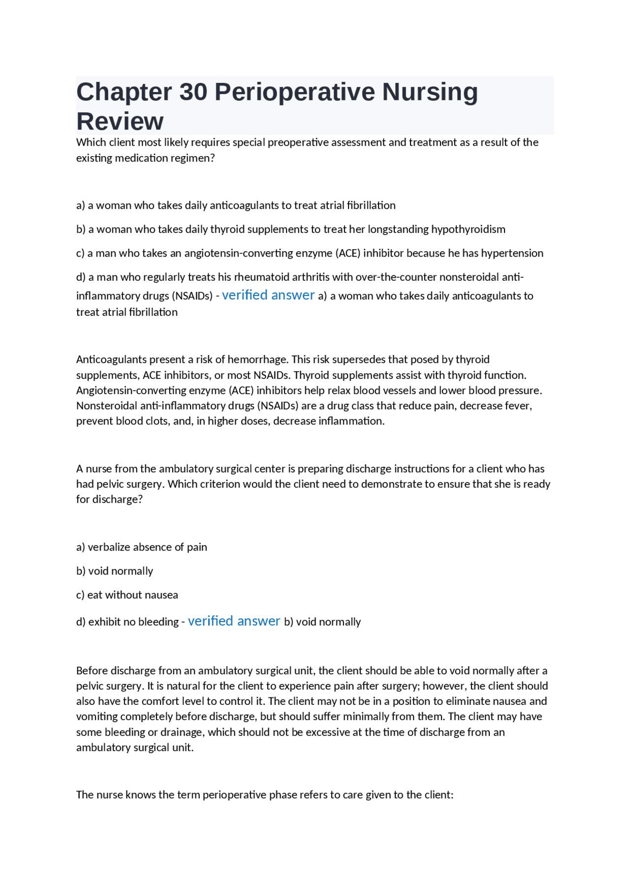 Chapter 30 Perioperative Nursing Review | Exams Nursing | Docsity