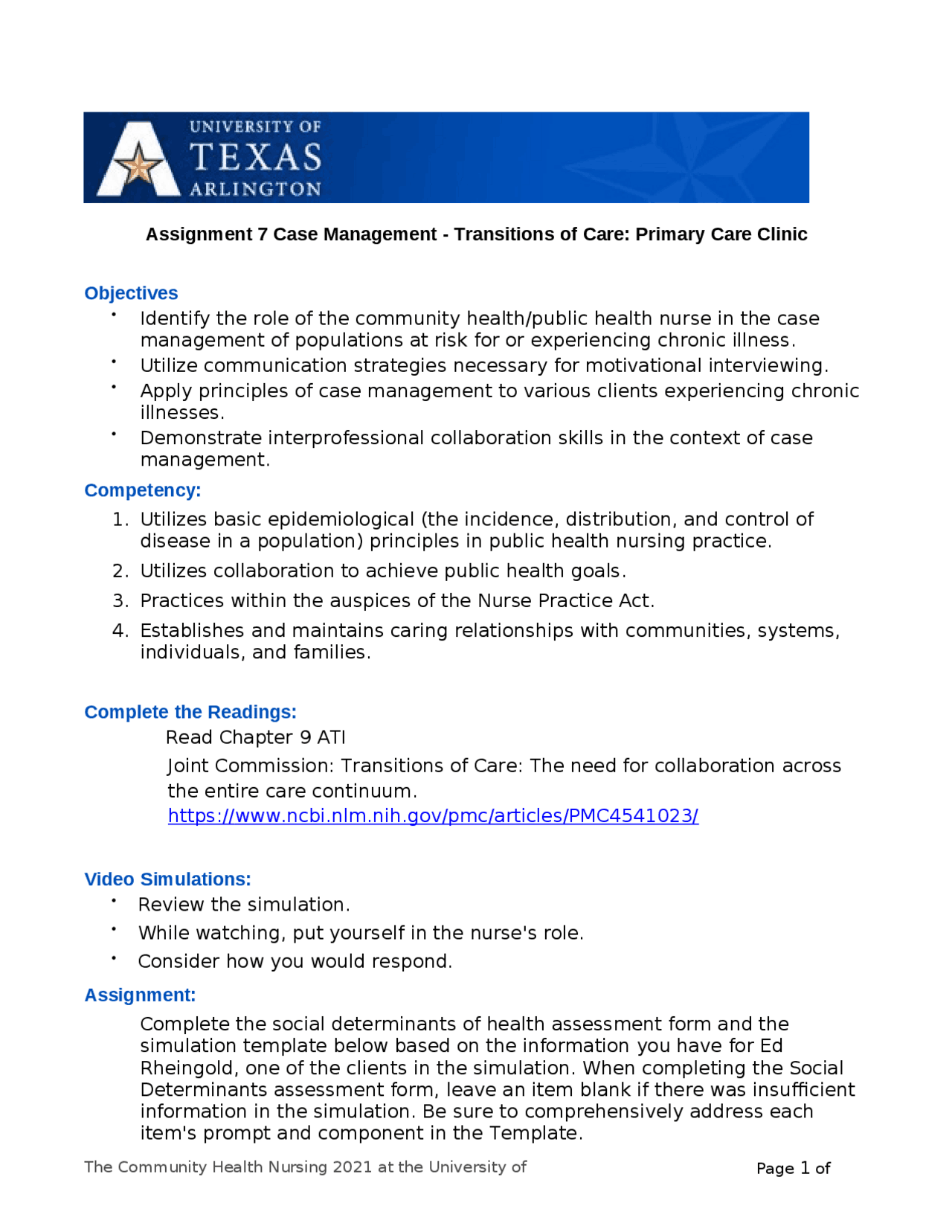 Nursing Assignment 7 Case Management - Transitions of Care: Primary ...
