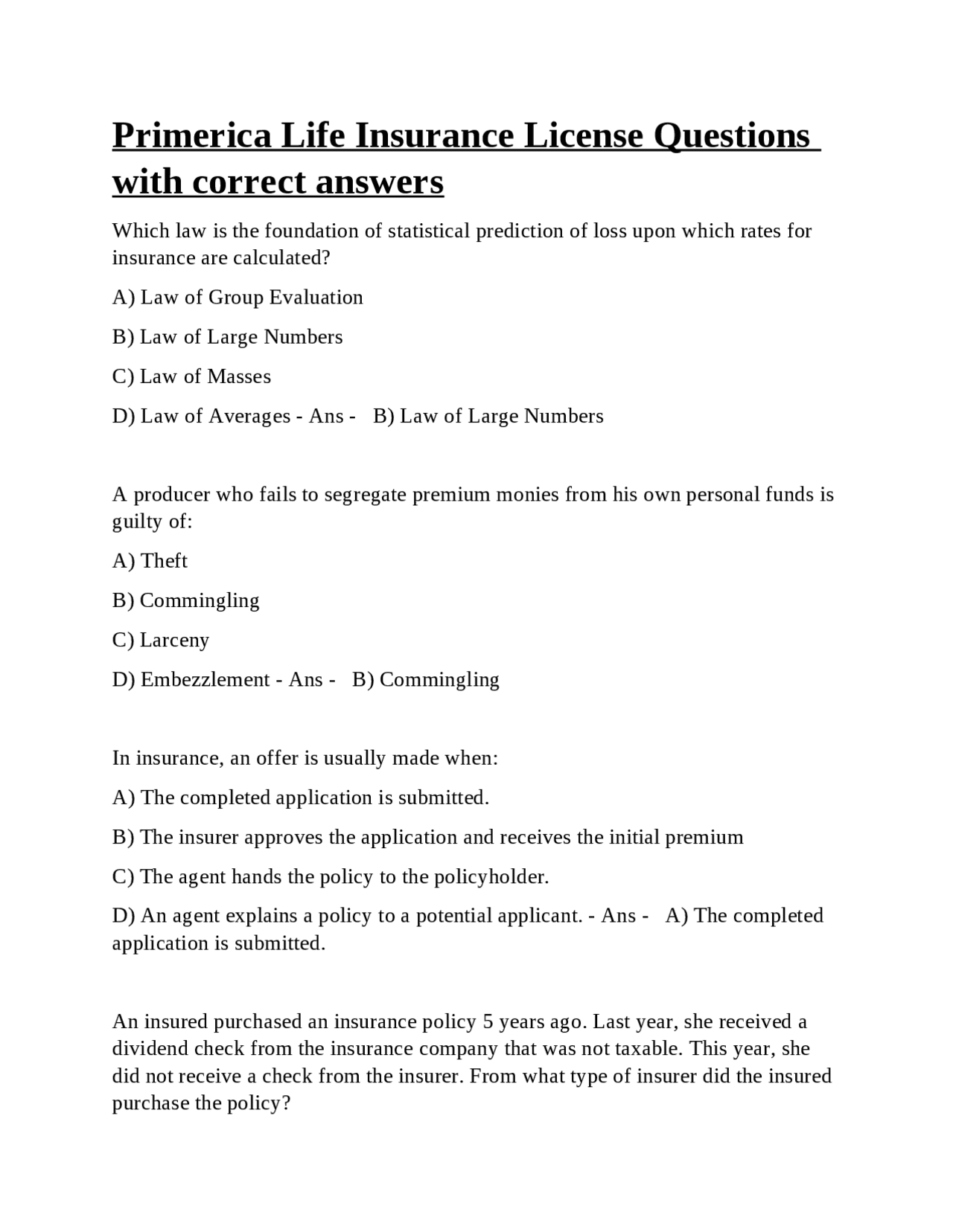 Primerica Life Insurance License Questions with correct answers | Exams ...