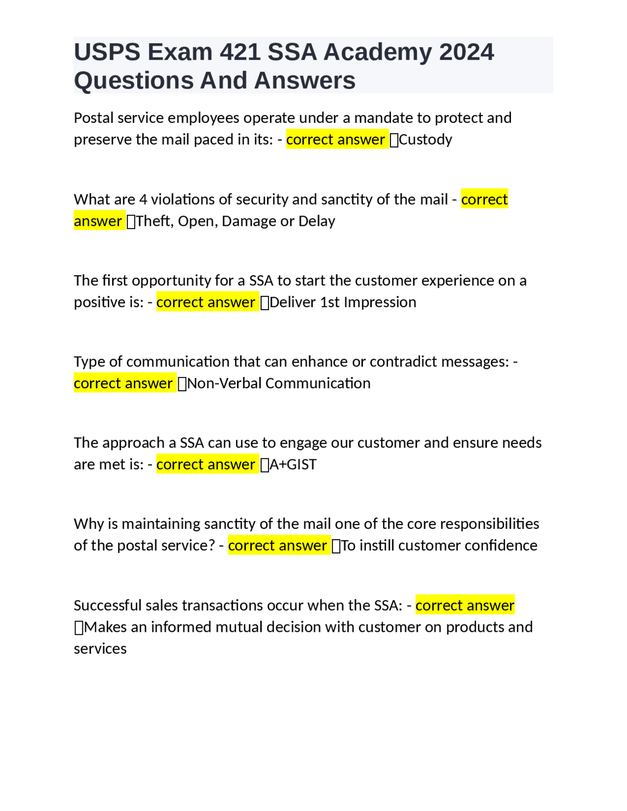 USPS Exam 421 SSA Academy 2024 Questions And Answers | Exams Sociology ...