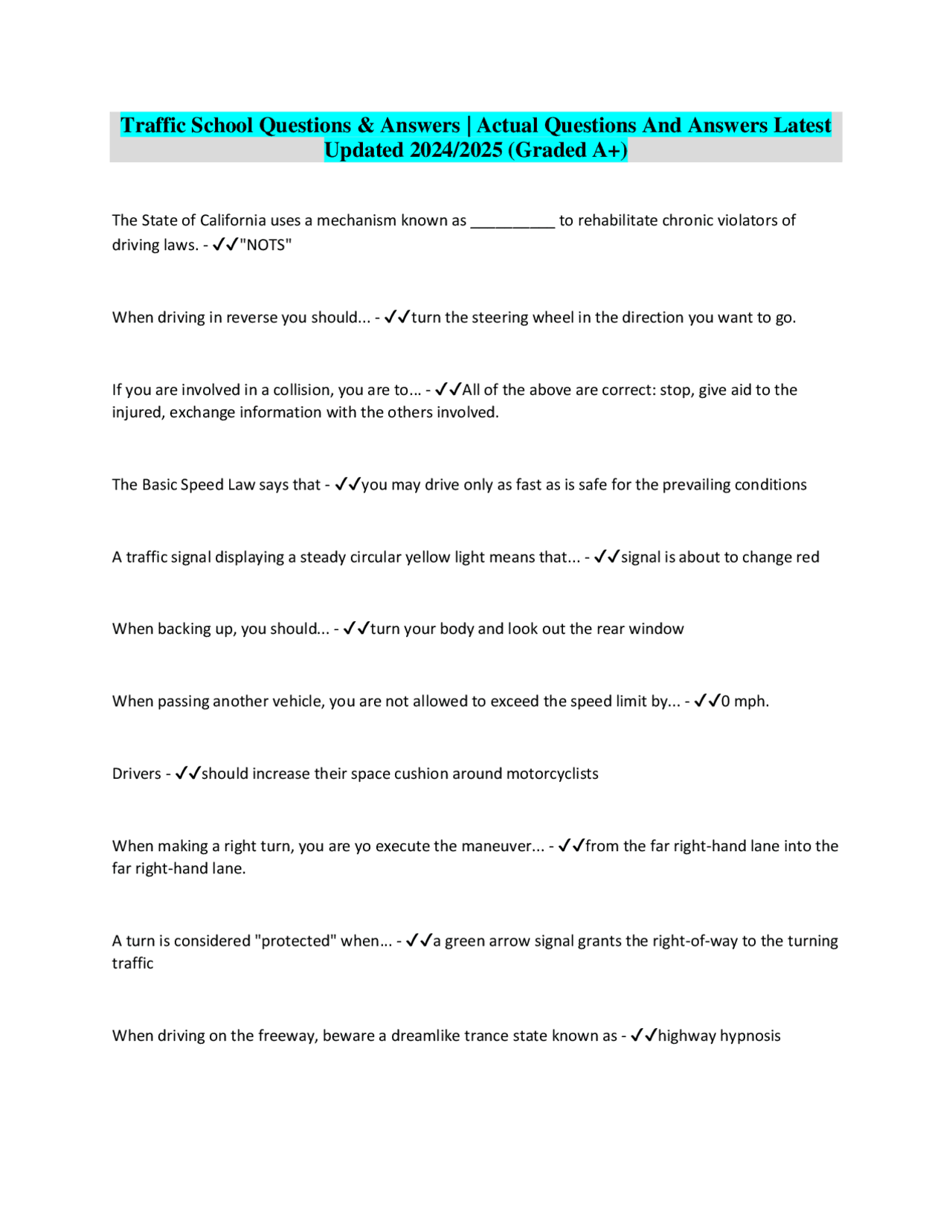 Traffic School Questions & Answers | Actual Questions And Answers ...