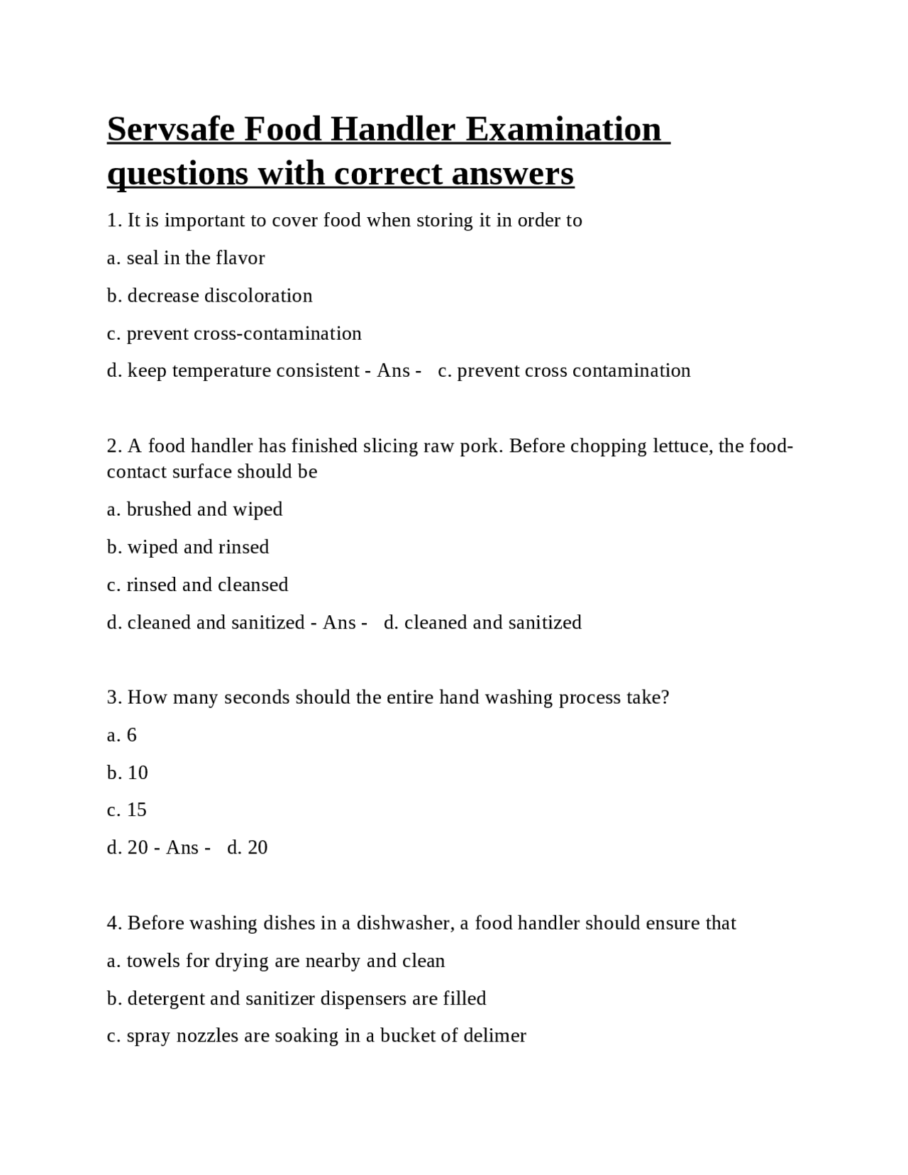 Servsafe Food Handler Examination questions with correct answers ...