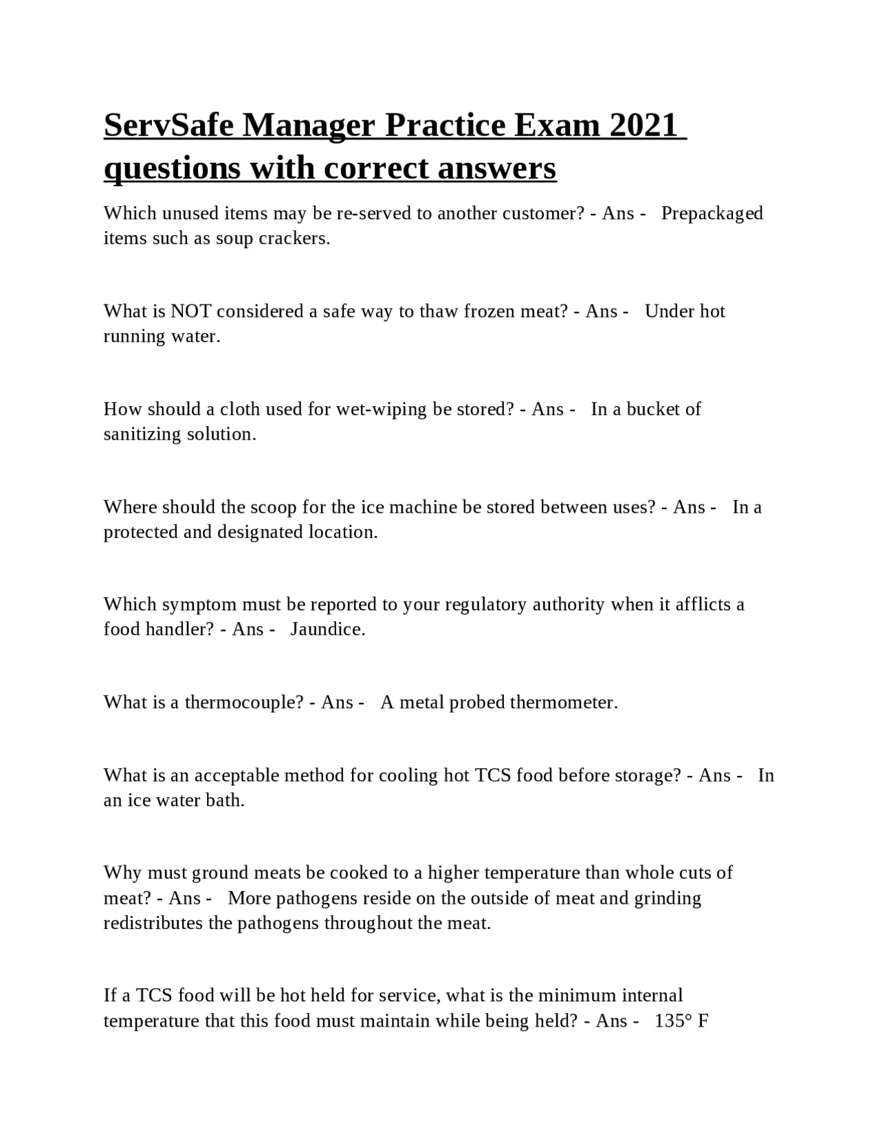 ServSafe Manager Practice Exam 2021 questions with correct answers ...