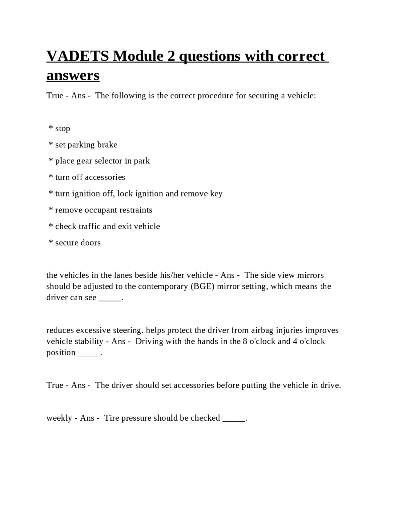 VADETS Module 2 questions with correct answers | Exams Nursing | Docsity