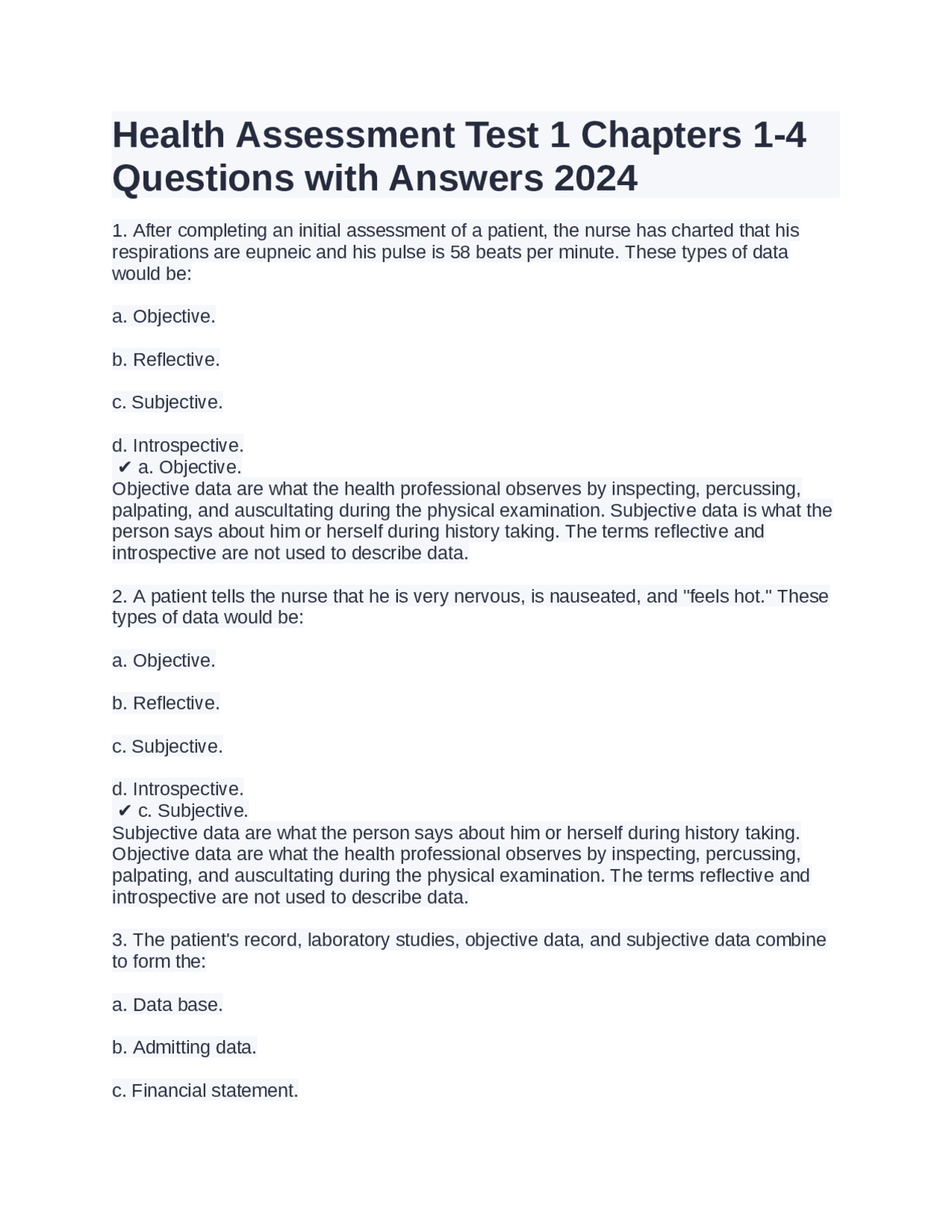 Health Assessment Test 1 Chapters 1-4 Questions with Answers 2024 ...